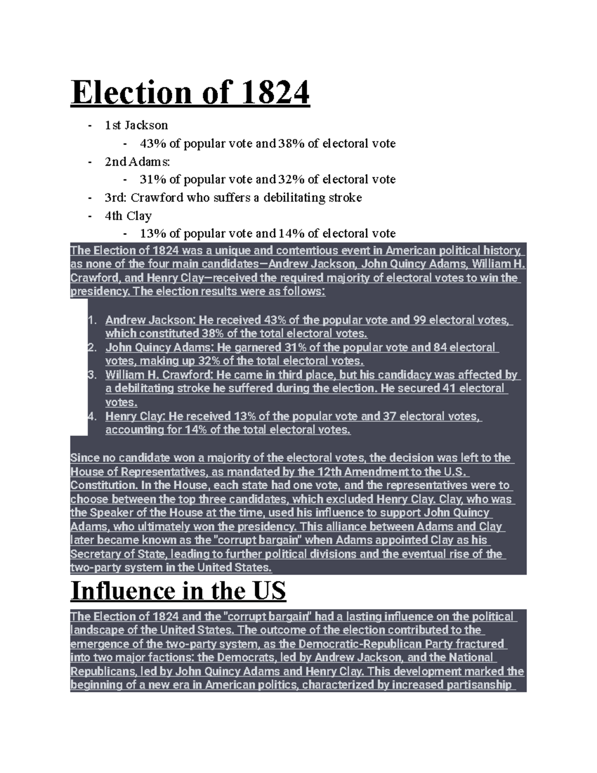 Election of 1824 influence in the US key questions - Election of 1824 ...