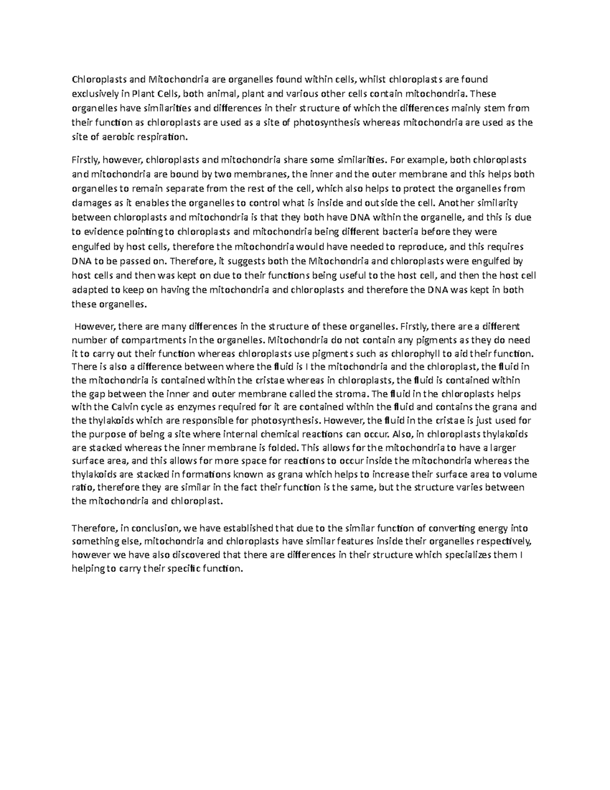Biology Essay - Comparing Mitochondria and Chloroplasts - Chloroplasts ...