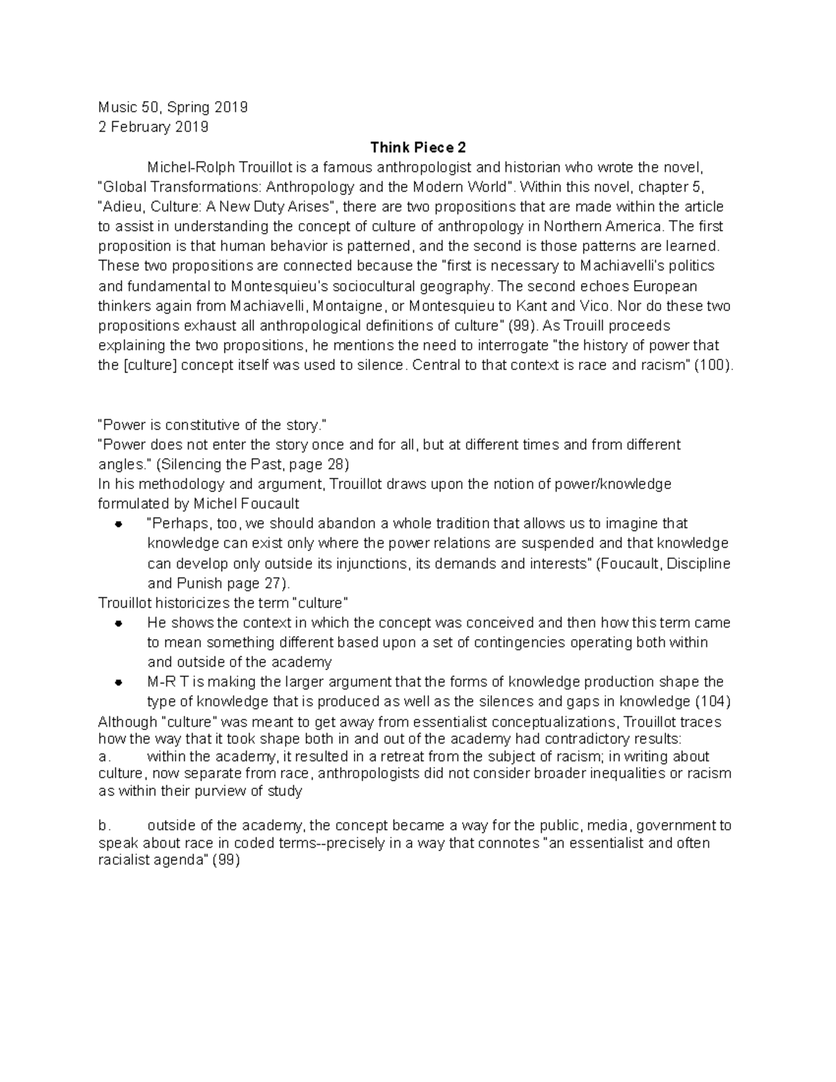 Music 50, Second Think Piece Outline - Music 50, Spring 2019 2 February ...