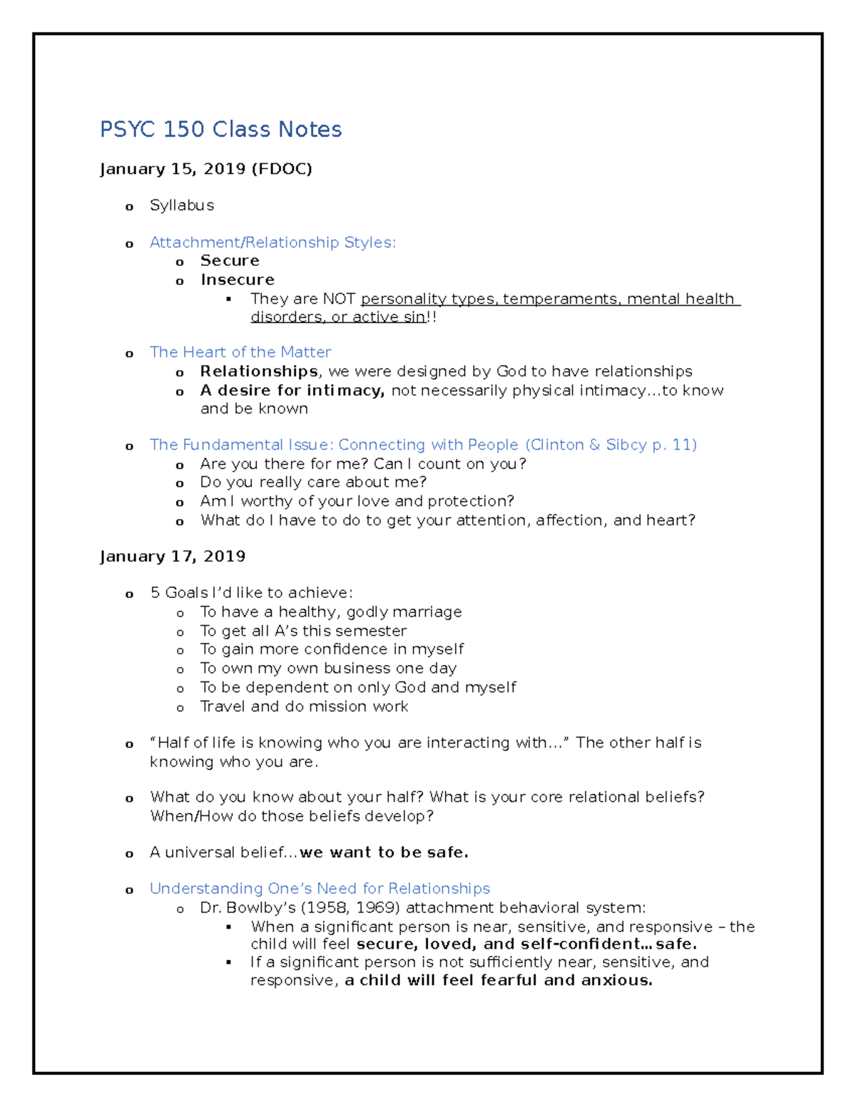PSYC 150 Class Notes - PSYC 150 Class Notes January 15, 2019 (FDOC) o ...