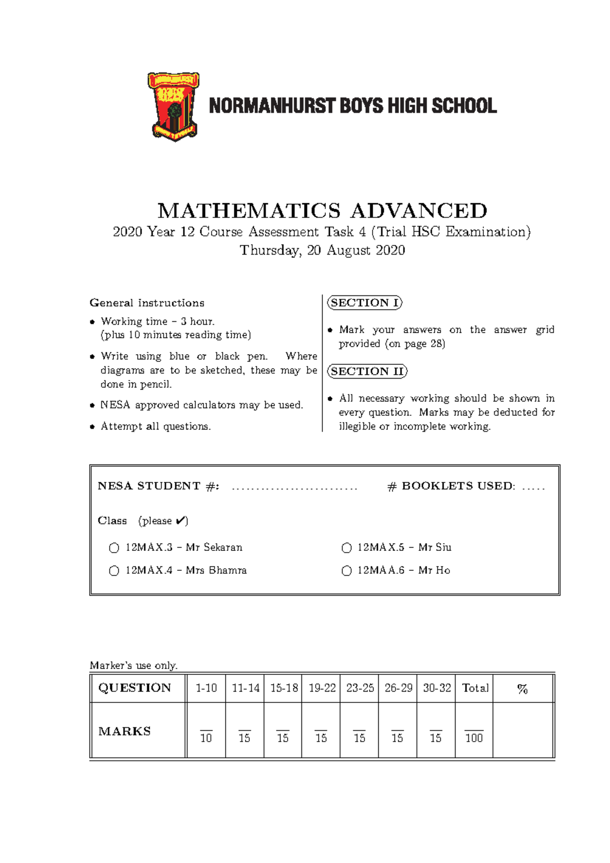 2020 2U - Normanhurst - Trial Paper (with Solutions) - MATHEMATICS ...