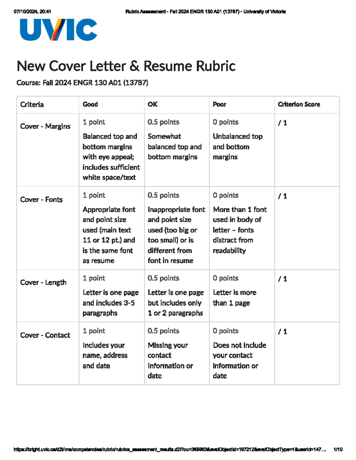 Cv rubric - 20:41 Rubric Assessment Fall 2024 ENGR 130 A01 (13787) University of Victoria UVIC ...