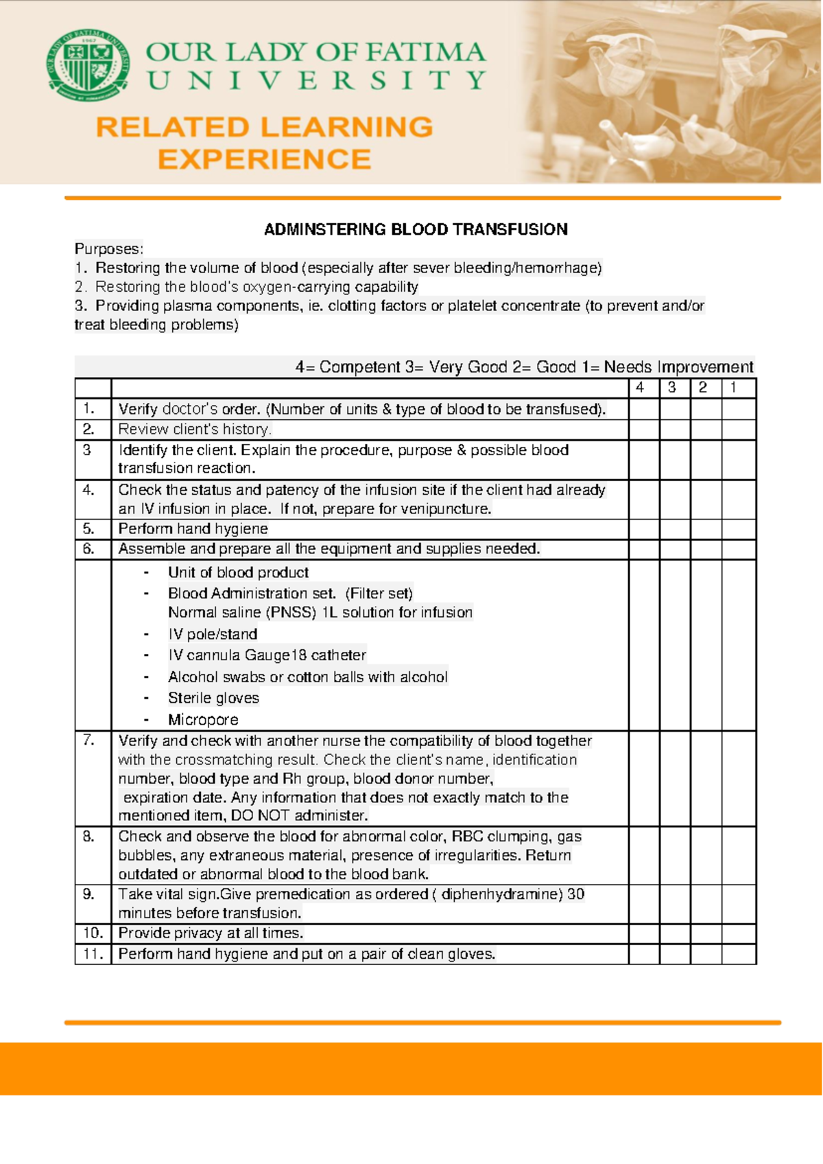 Checklist for Blood Transfusion Therapy - ADMINSTERING BLOOD ...