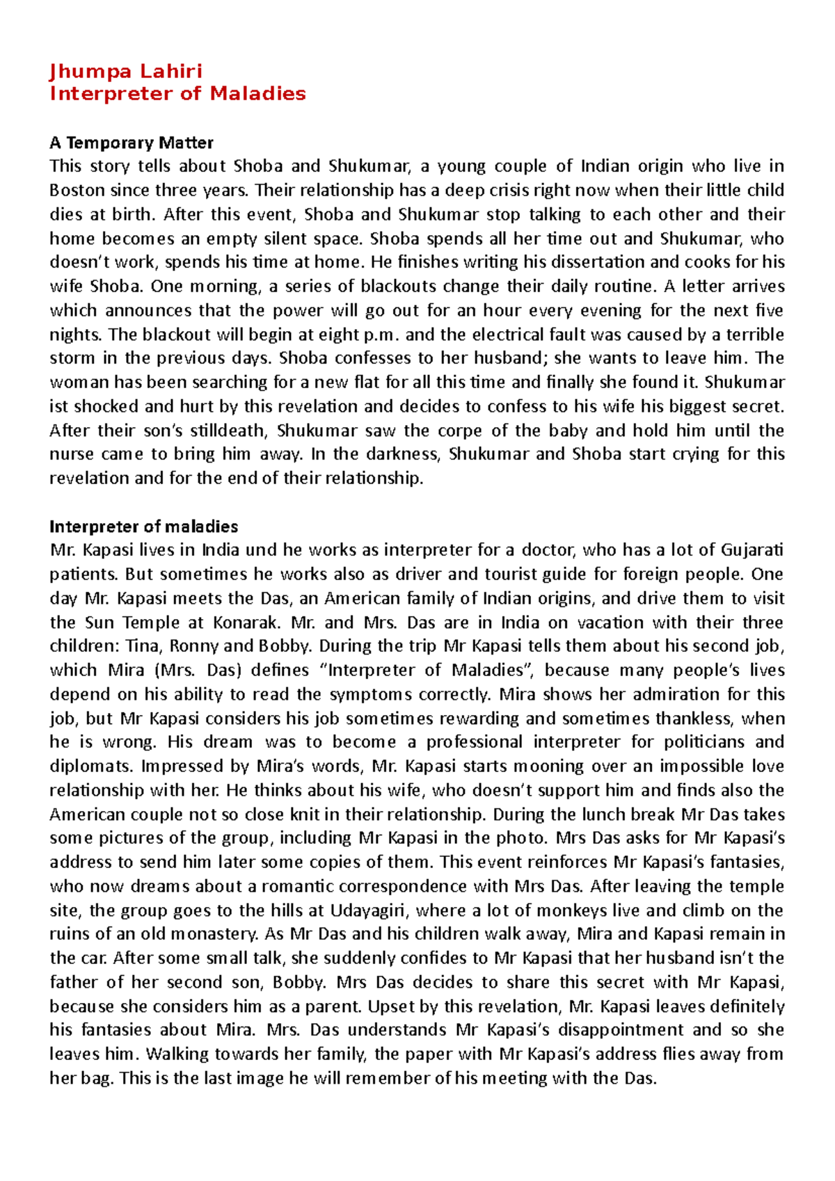 Short Stories Interpreter of Maladies - Jhumpa Lahiri Interpreter of ...