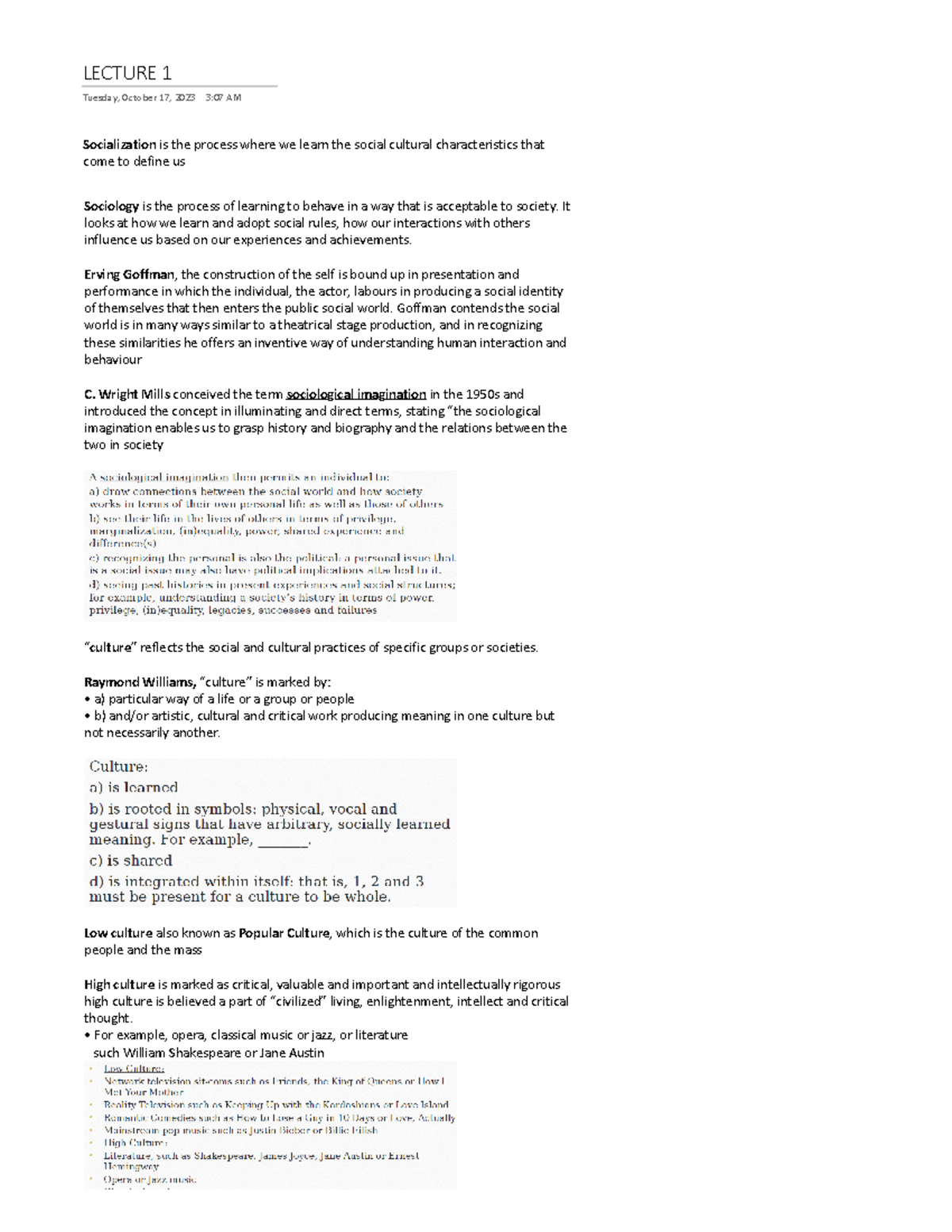 Lecture 1 - LECTURE 1 Tuesday, October 17, 2023 3:07 AM Socialization is the process where we ...