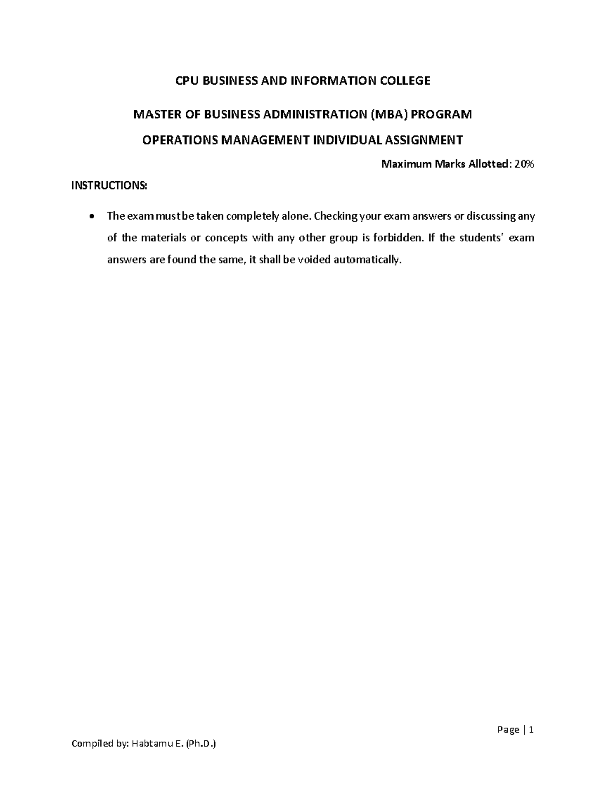 Operations Management Individual Assignment - Page | 1 CPU BUSINESS AND ...
