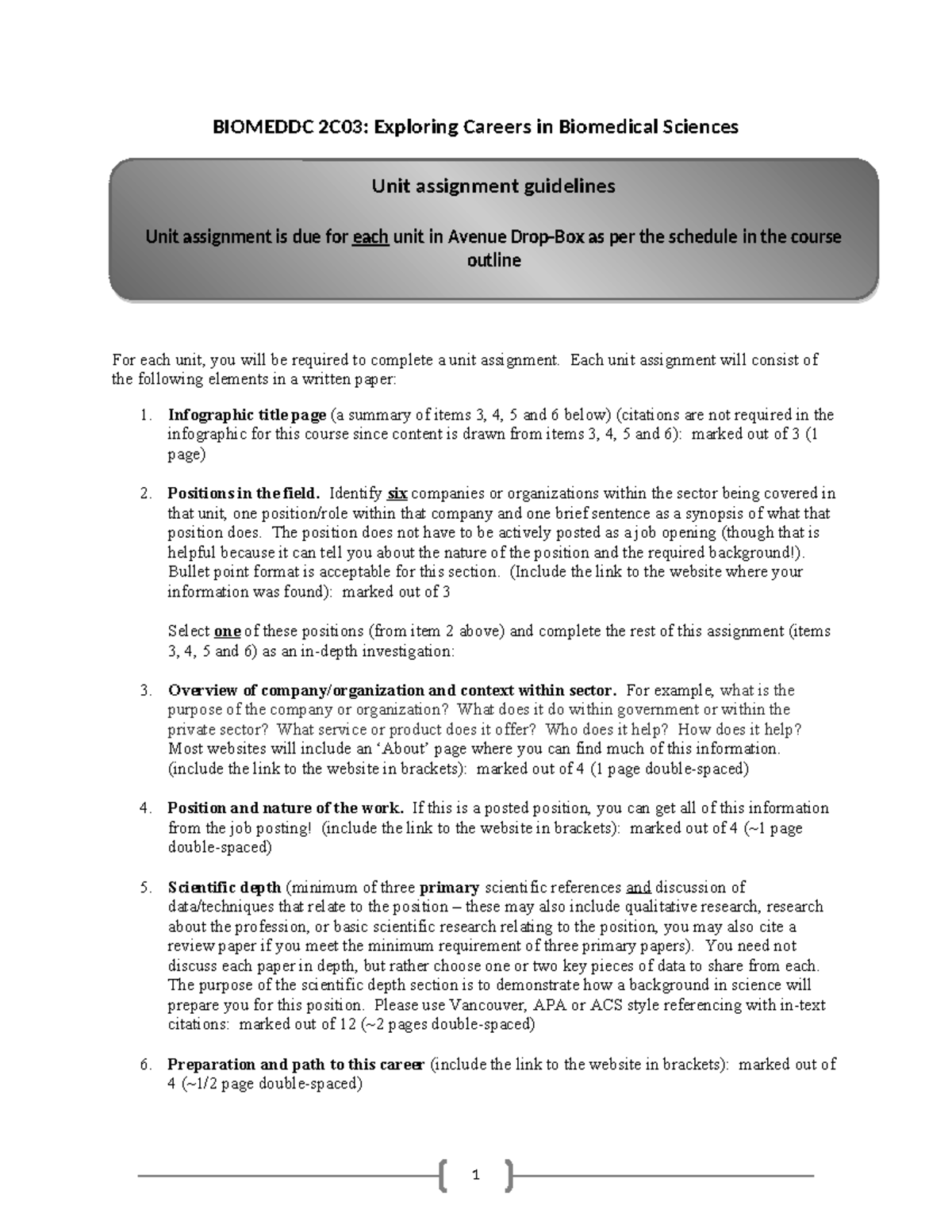 Unit assignment guidelines - BIOMEDDC 2C03: Exploring Careers in ...