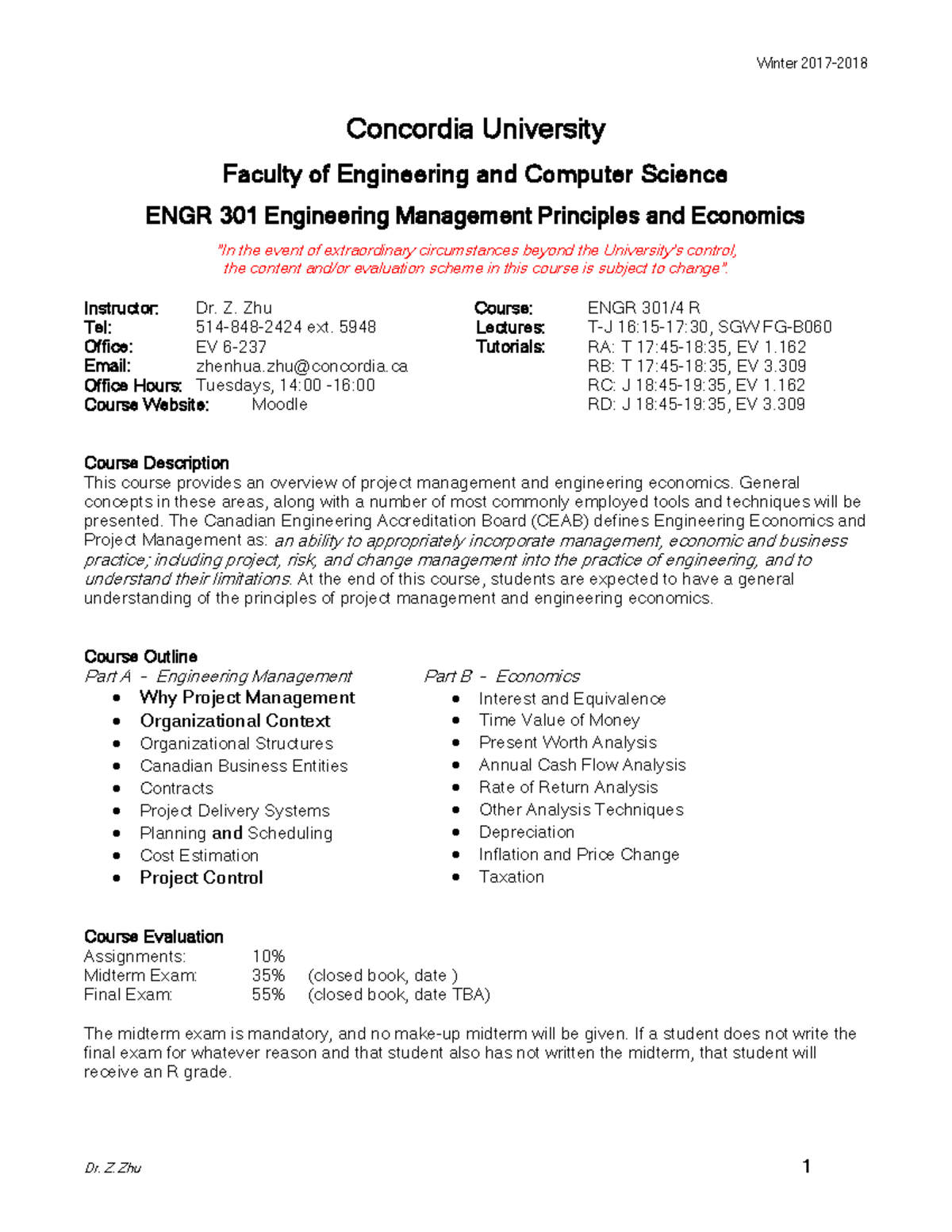 Course Outline - Winter Concordia University Faculty of Engineering and Computer Science ENGR ...