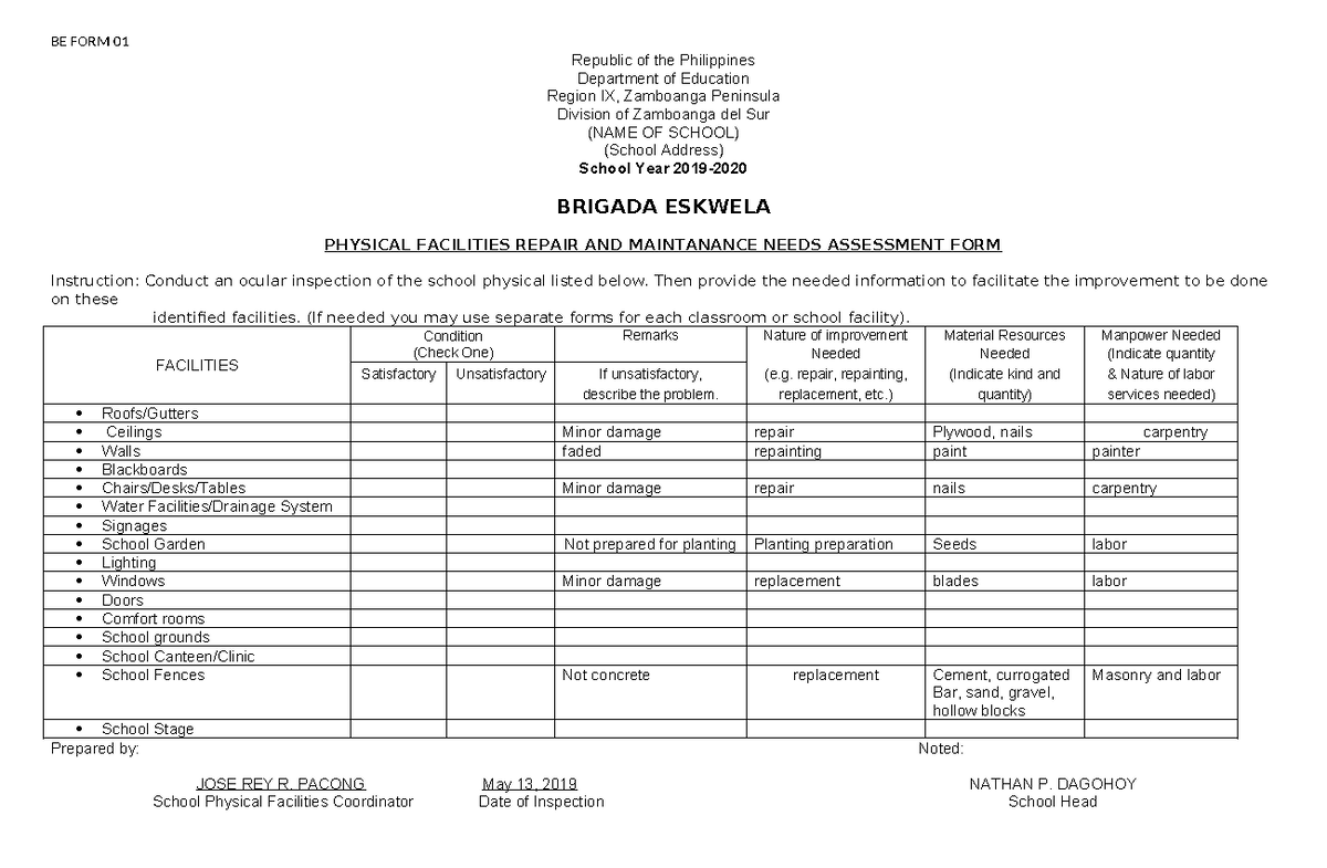 Brigada-Eskwela-Form-1-Needs-Assessment-Form - BE FORM 01 Republic of ...