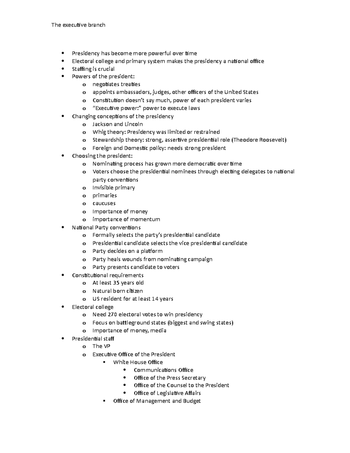 Executive Branch - Lecture notes 7-8 - The executive branch Presidency ...
