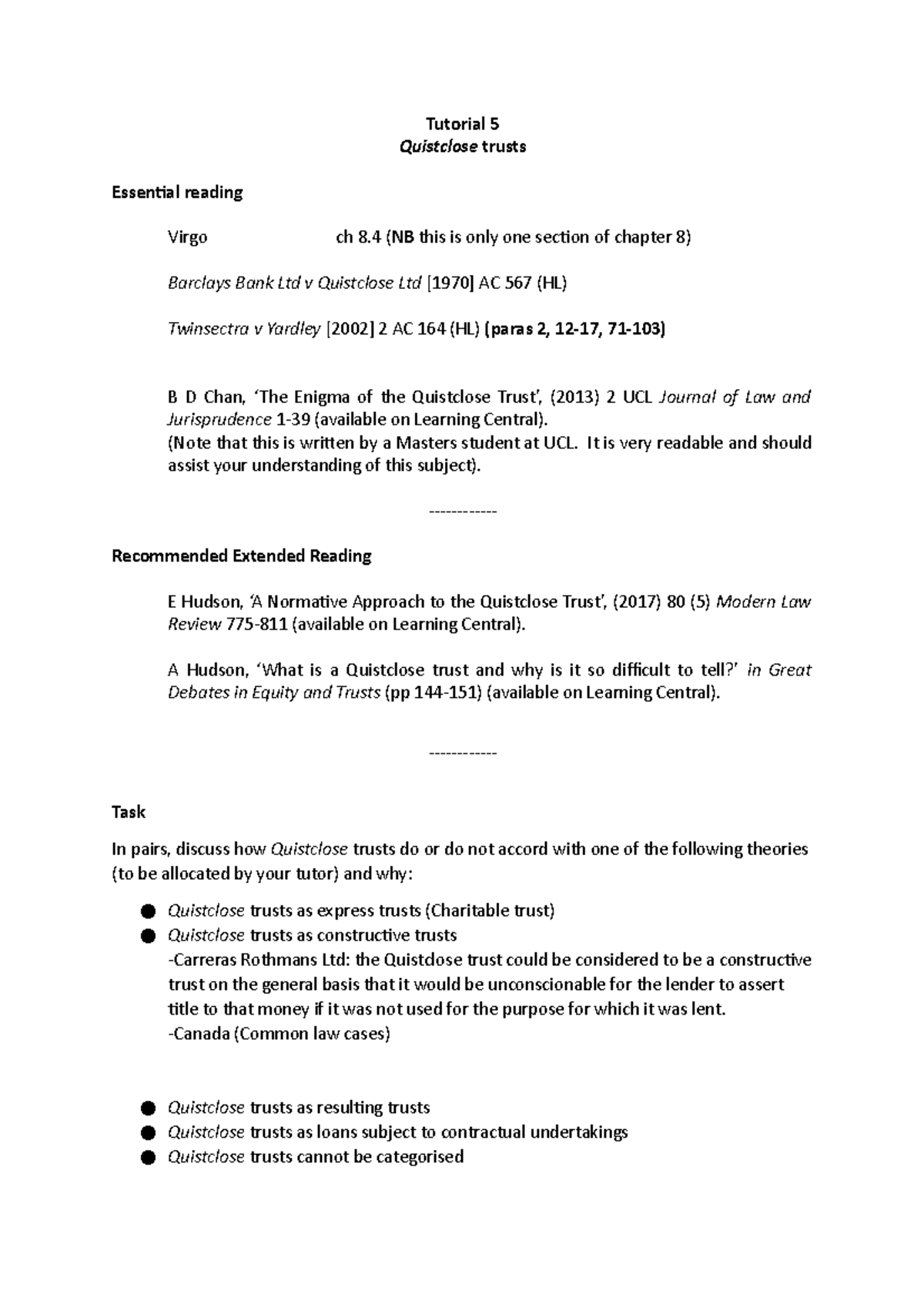 Tutorial 5 Quistclose Trusts Worksheet - Tutorial 5 Quistclose trusts Essential reading Virgo ch ...