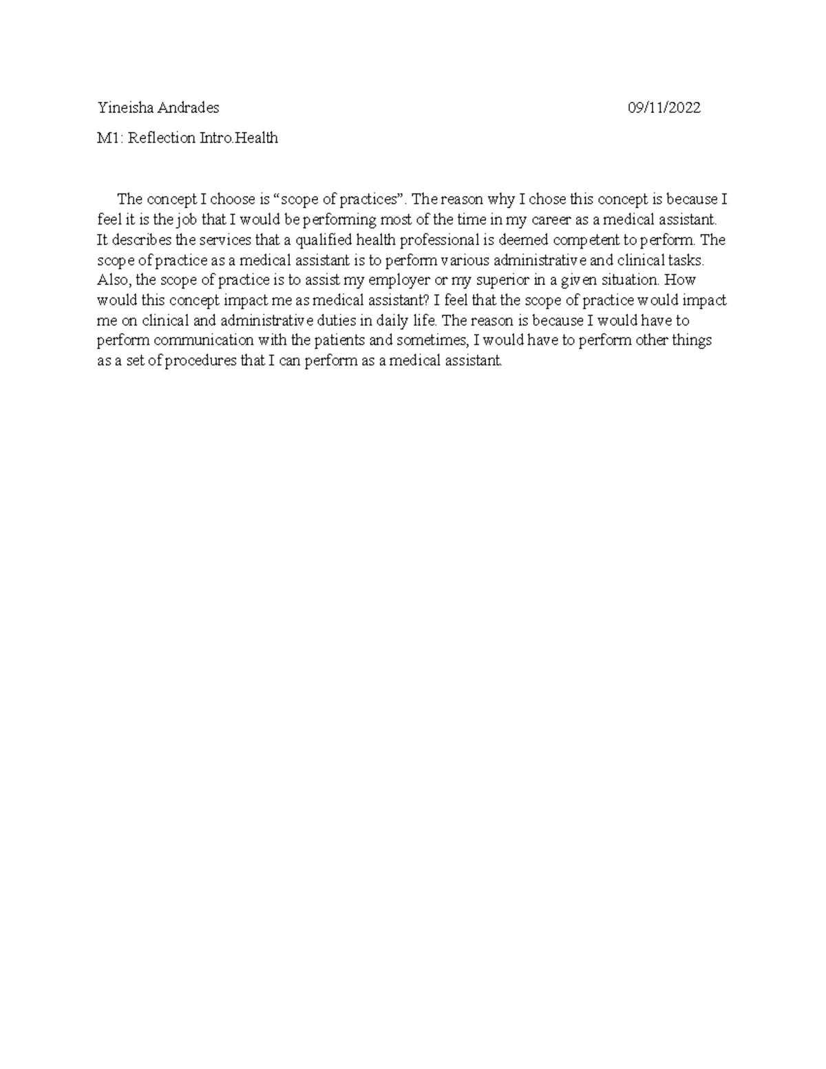 M1 Reflection Intro to Health Care - Yineisha Andrades 09/11/ M1 ...
