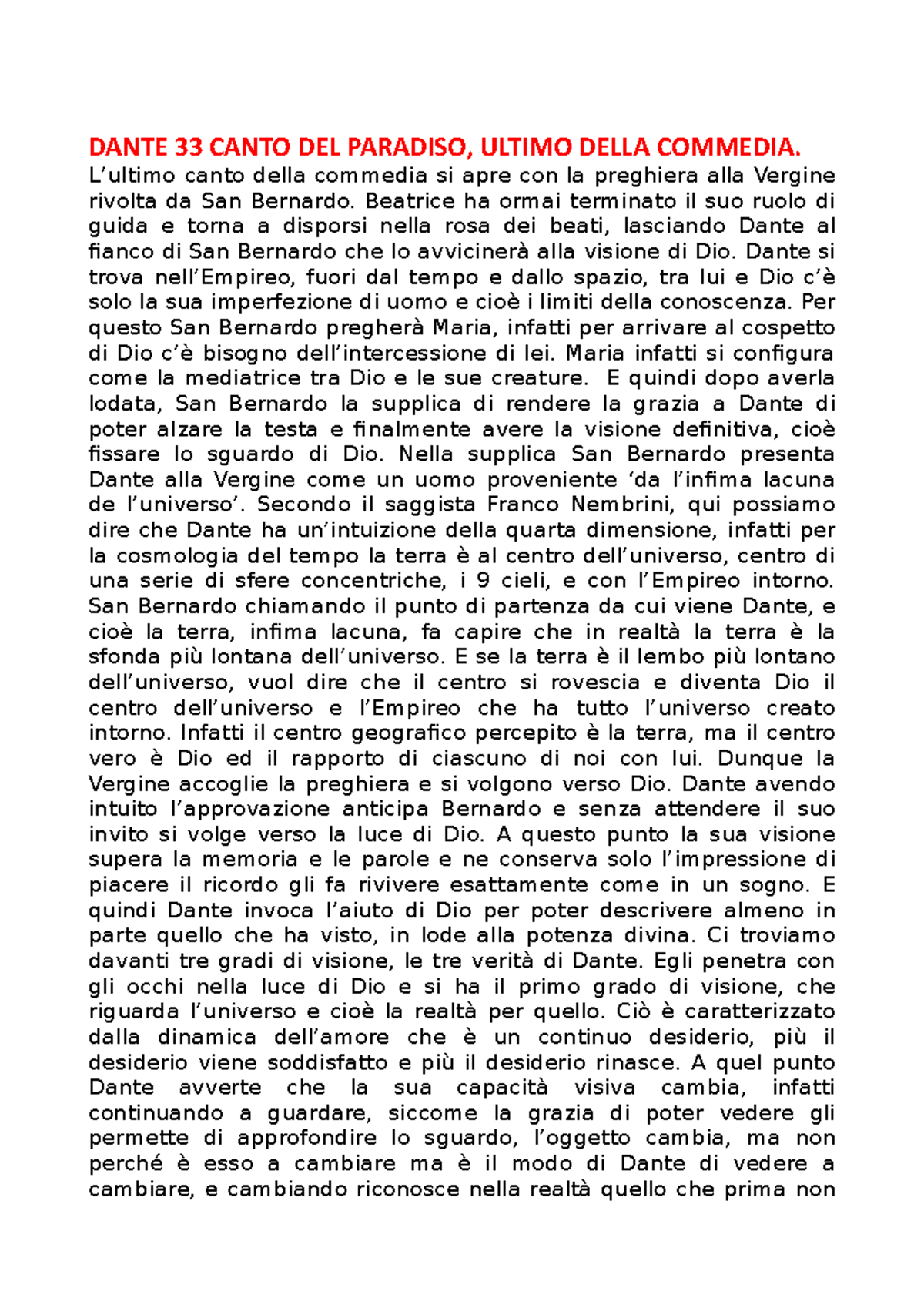 Dante 33 Canto Paradiso breve riassunto - DANTE 33 CANTO DEL PARADISO ...