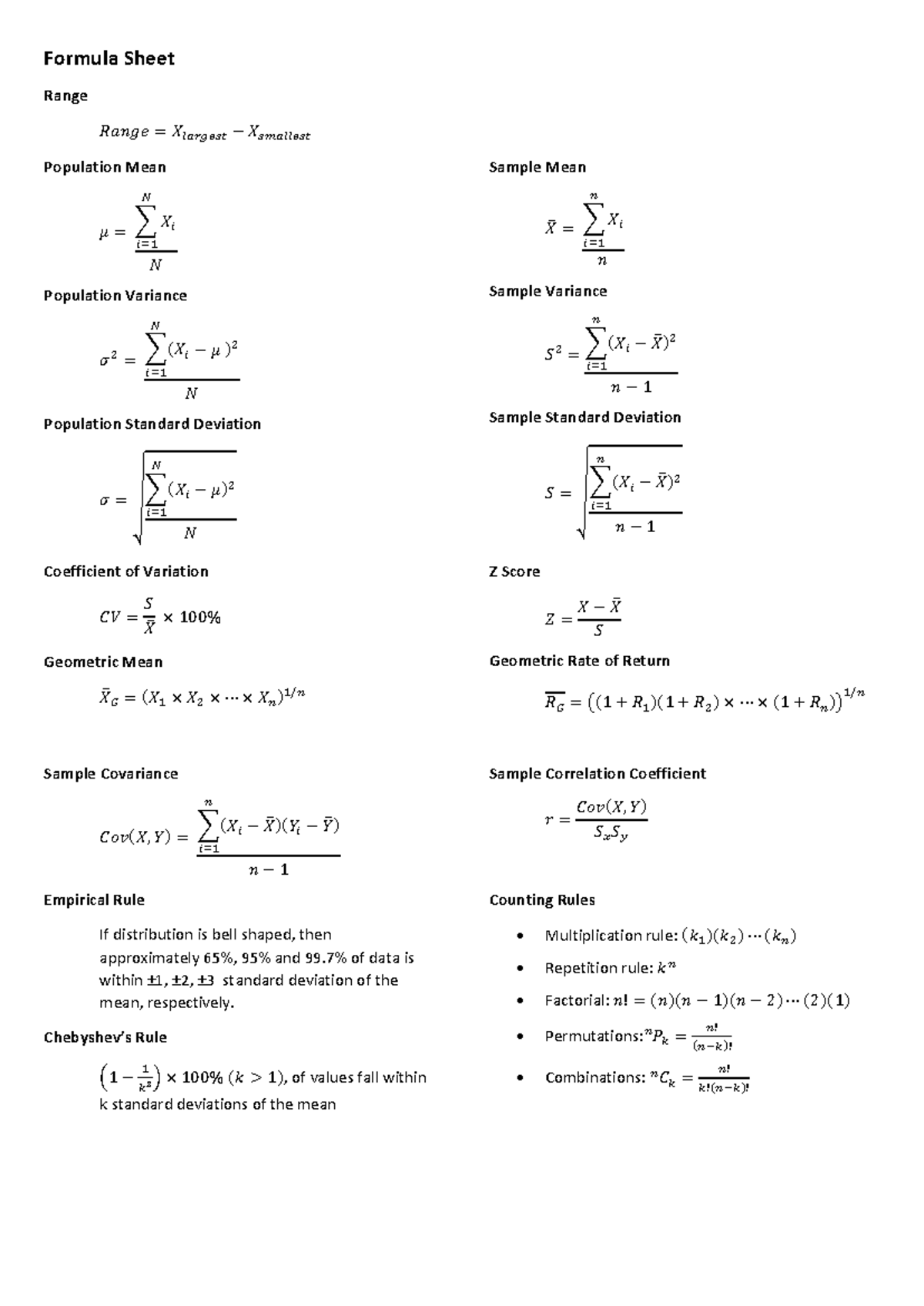 Formulae and tables - Summary Foundations of Business Analytics ...