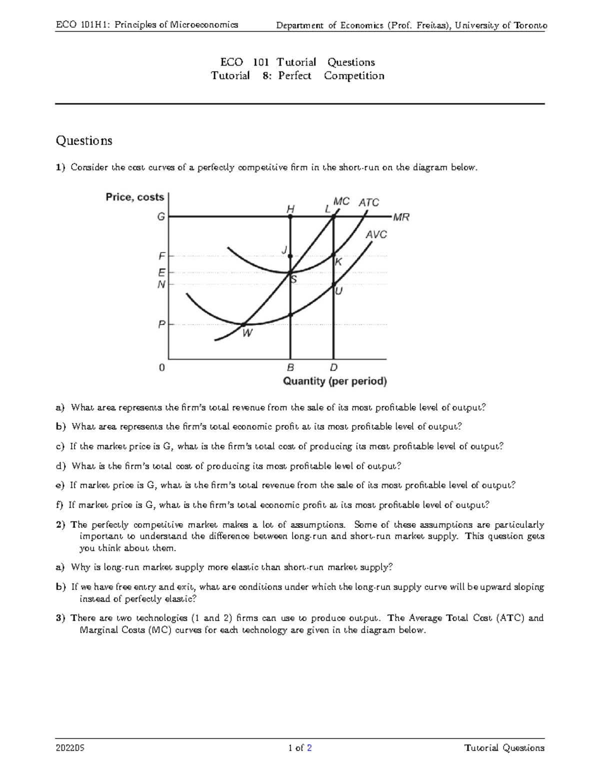 ECO101 Tutorial 8 Questions - Perfect Competition - ECO 101H1: Principles of Microeconomics ECO ...