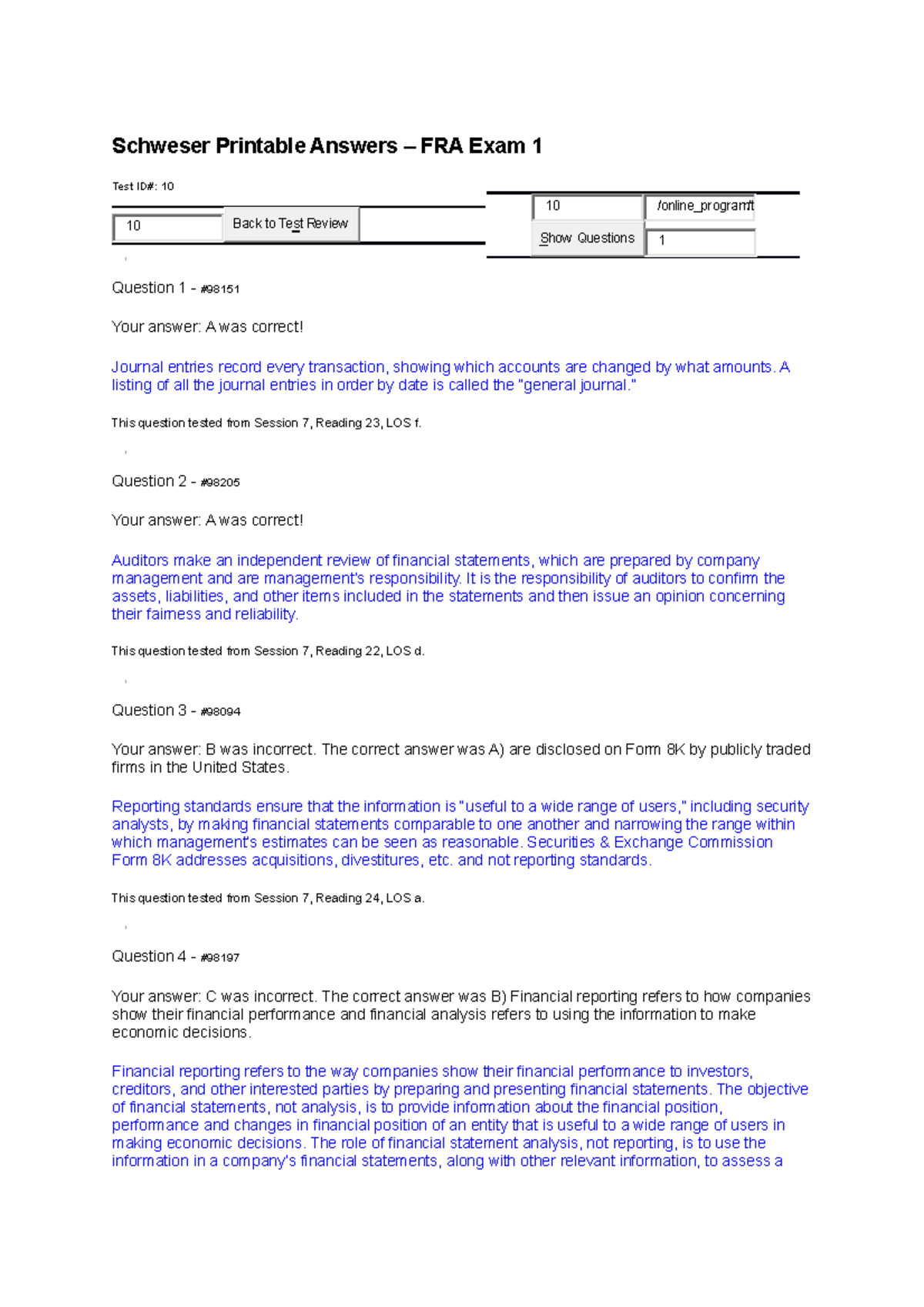 FRA Test 1 Answer - Test - Schweser Printable Answers – FRA Exam 1 Test ...