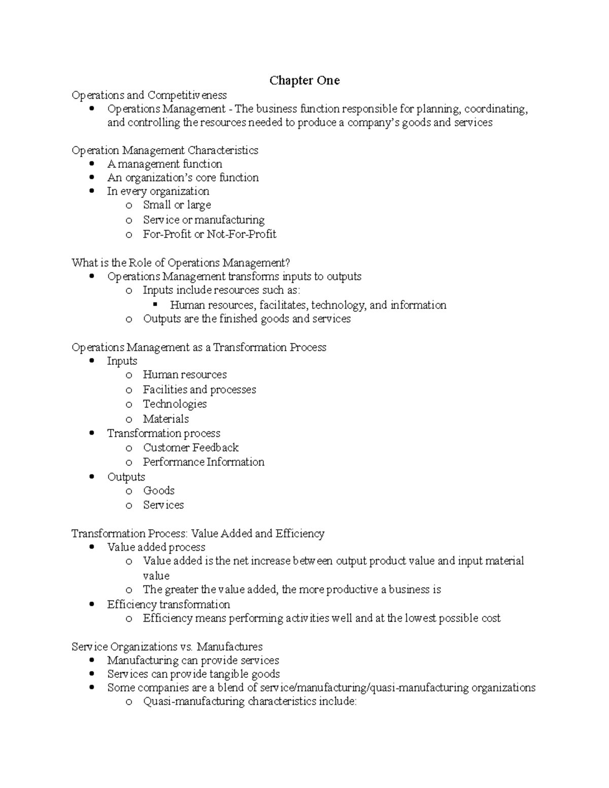 Exam 1 - Exam 1 - Chapter One Operations and Competitiveness Operations ...