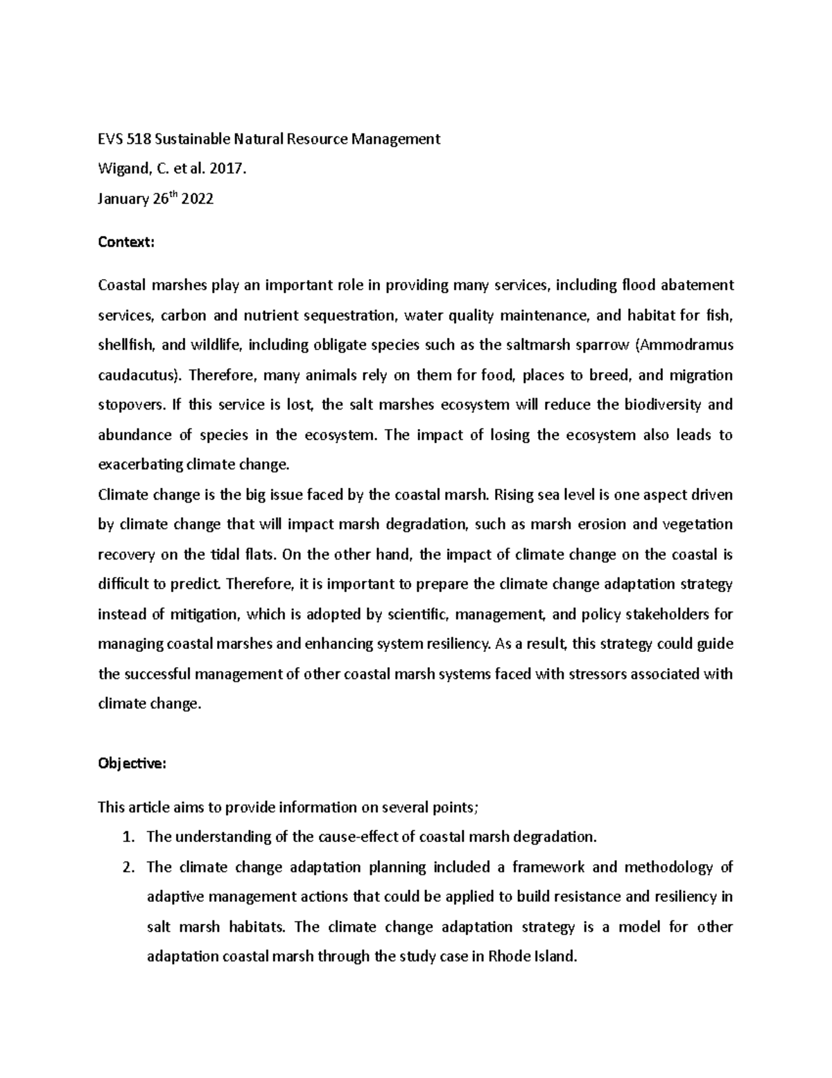 Wigand Resume - Coastal marshes - EVS 518 Sustainable Natural Resource ...