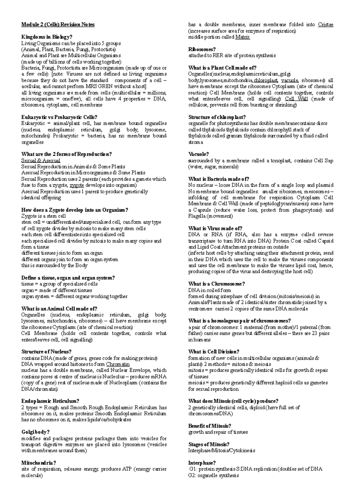 AQA Module 2 Revision Notes copy - Module 2 (Cells) Revision Notes ...