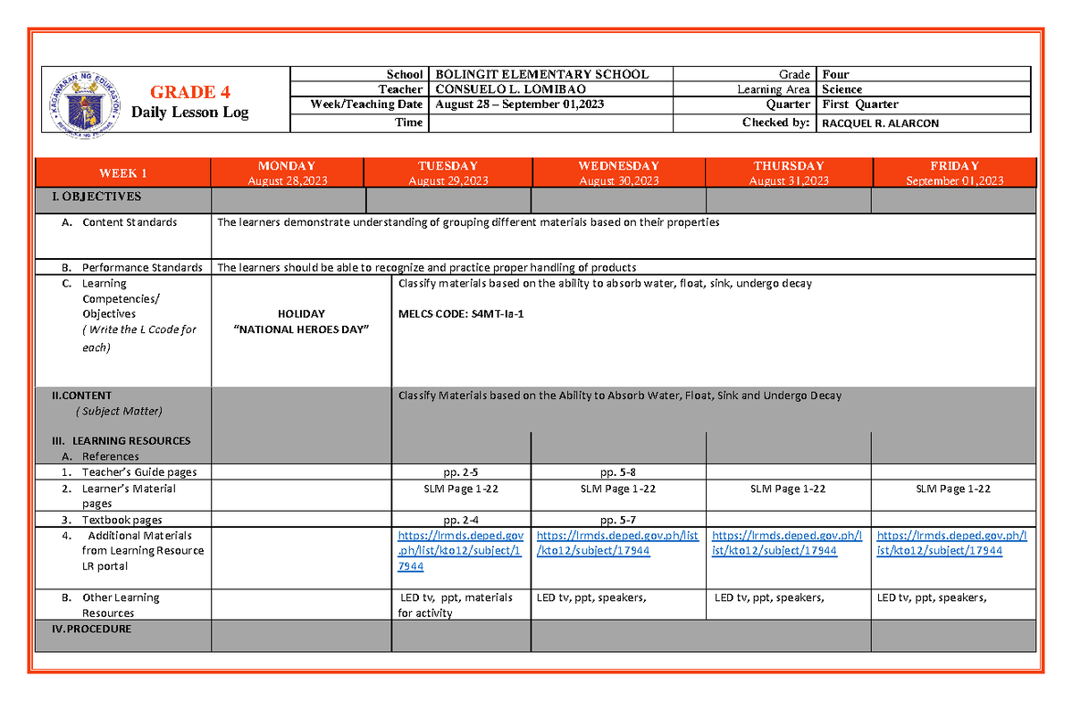Science Q1WEEK 1 - DLL - GRADE 4 Daily Lesson Log School BOLINGIT ...