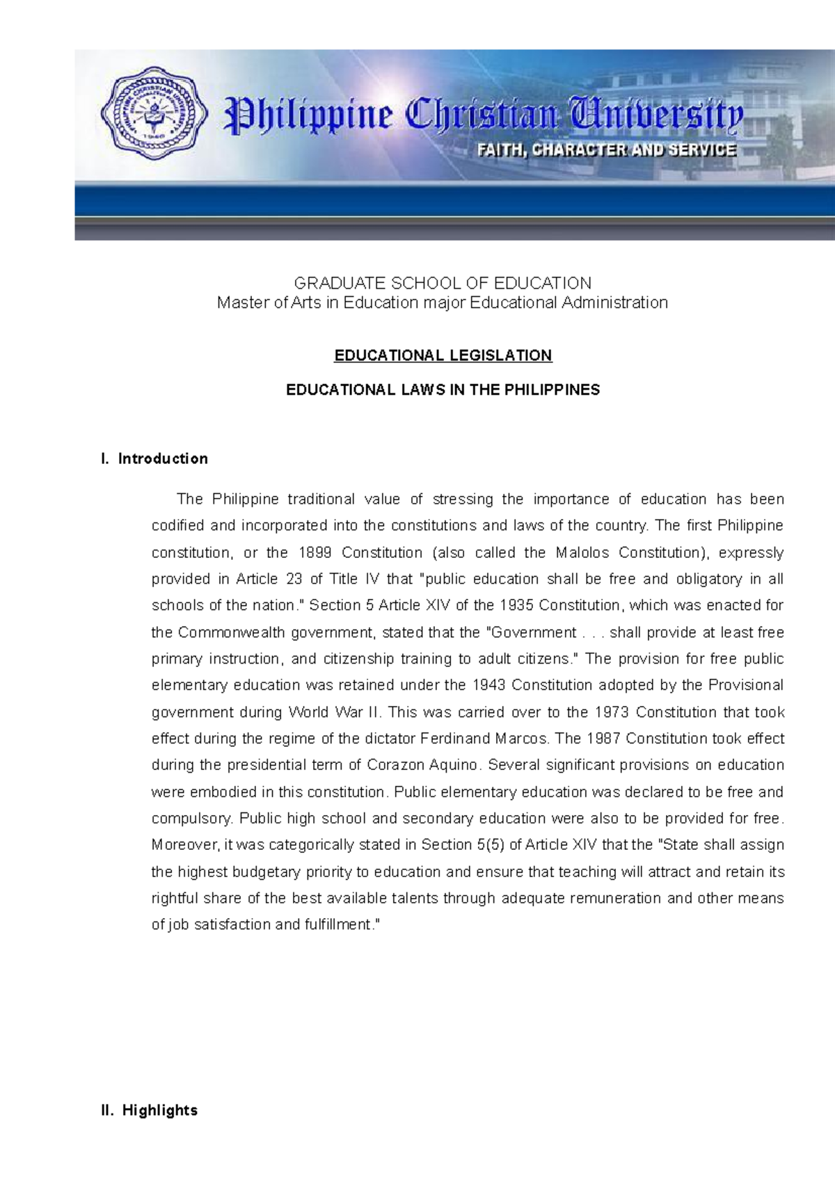 Philippine Legislation On Education GRADUATE SCHOOL OF EDUCATION