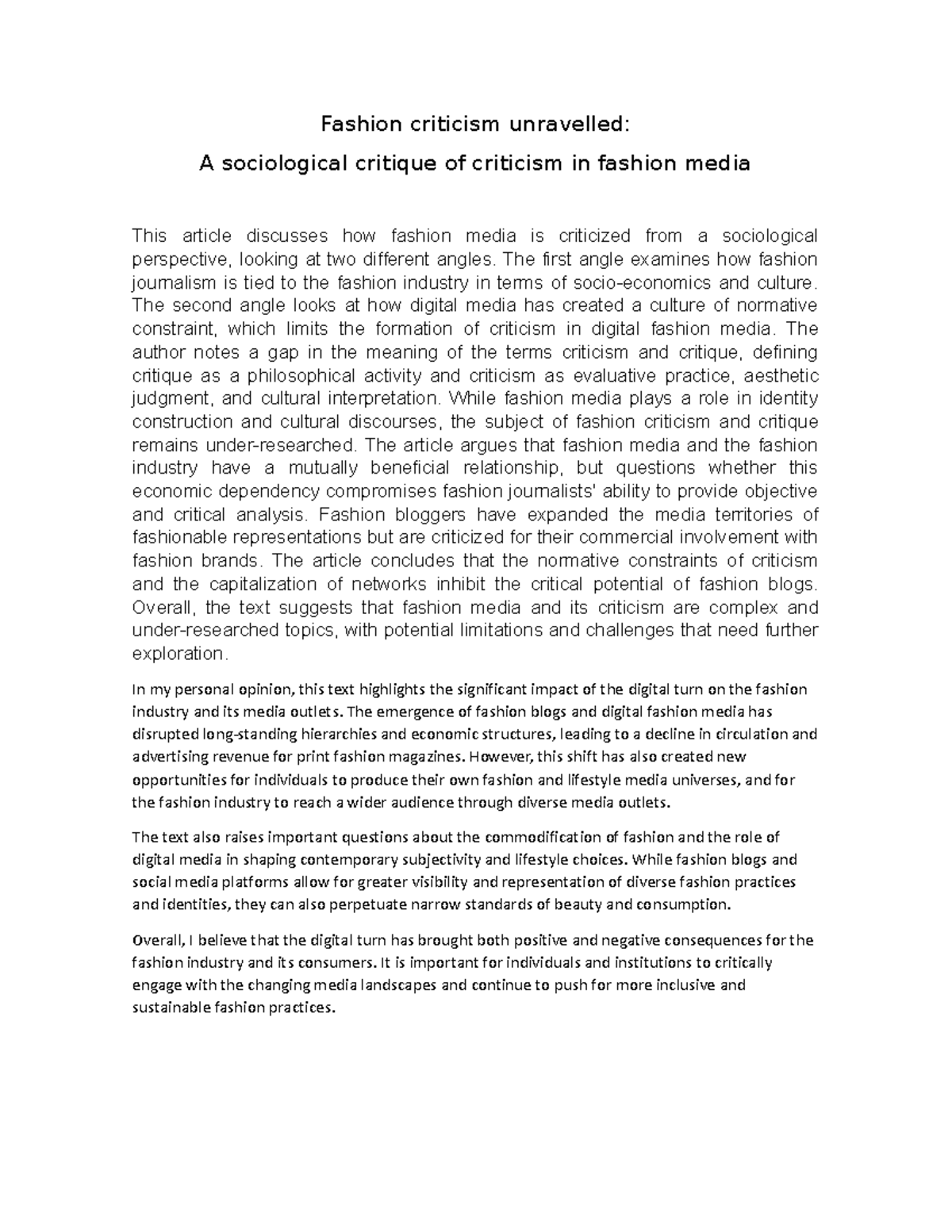 Fashion criticism unravelled - The first angle examines how fashion ...