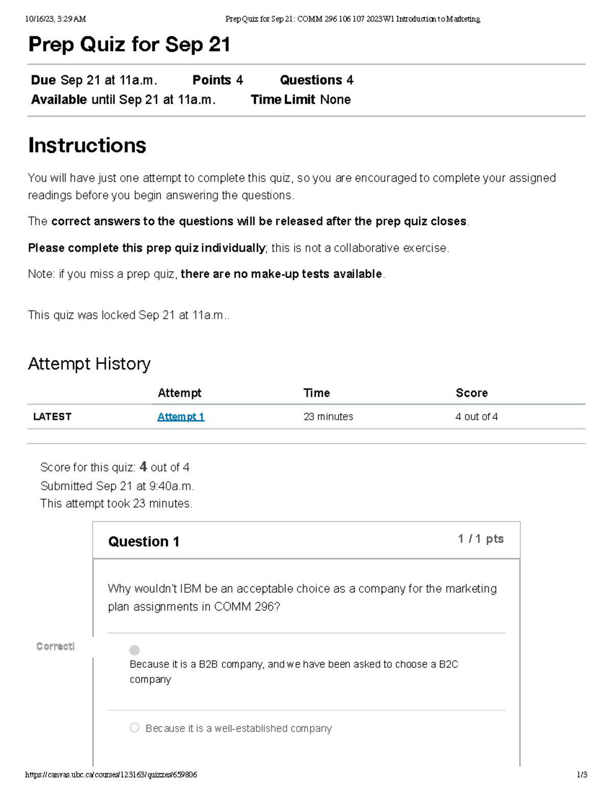 COMM 296 Prep Quiz 4 - COMM 296 Prep Quiz 4 - 10/16/23, 3:29 AM Prep Quiz for Sep 21: COMM 296 ...