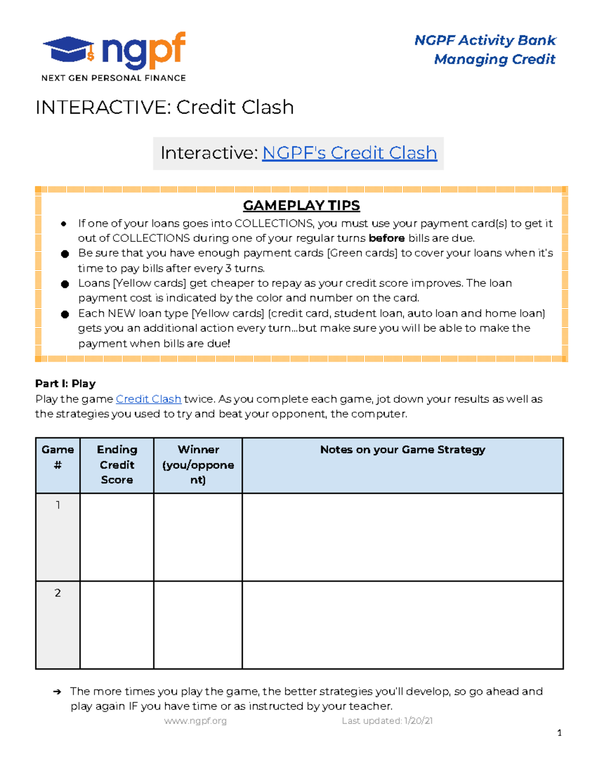 Interactive Credit Clash - NGPF Activity Bank Managing Credit ...