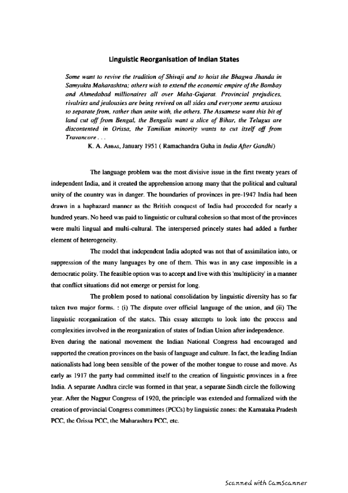 Linguistic Reorganisation of Indian Provinces - B.A.(Hons.) Political ...