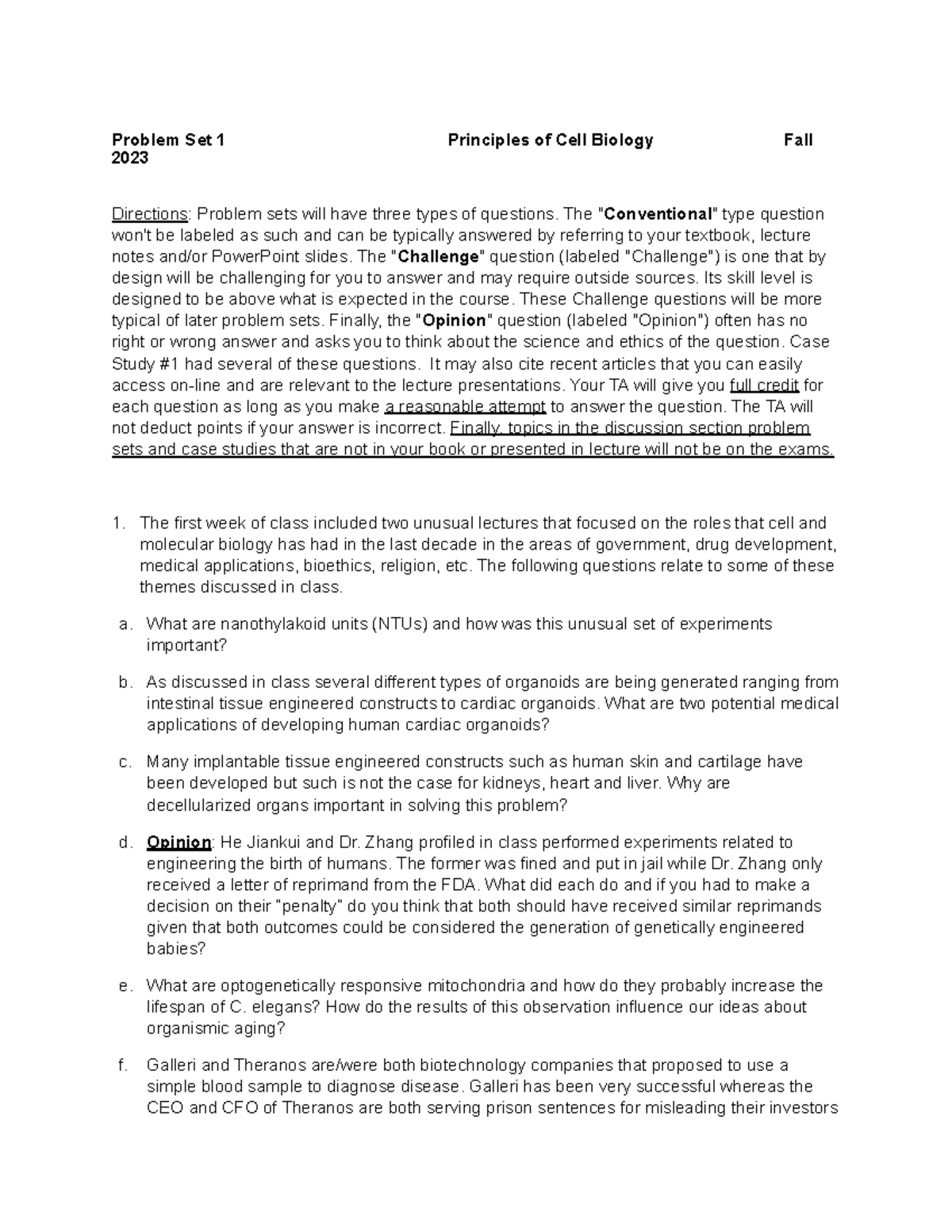 Problem Set 1 Fall 2023 - vanbuskirk - Problem Set 1 Principles of Cell ...