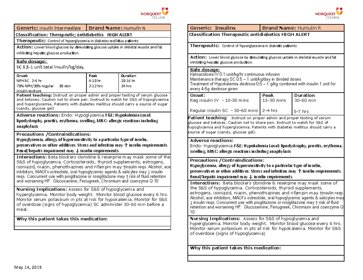 Insulin reg Medication Research Card 1002 - May 14, 2019 Generic ...