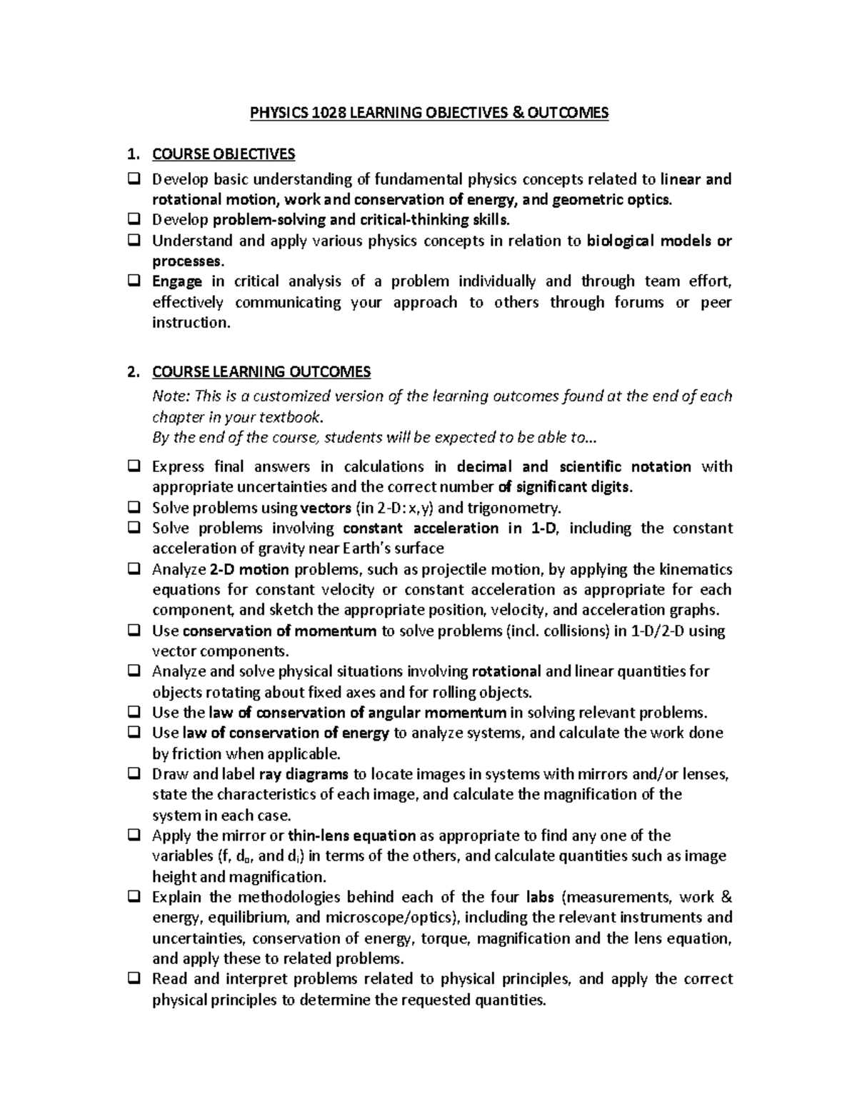 Physics 1028 2018 Phys Bio Sci Learning Outcomes - PHYSICS 1028 ...
