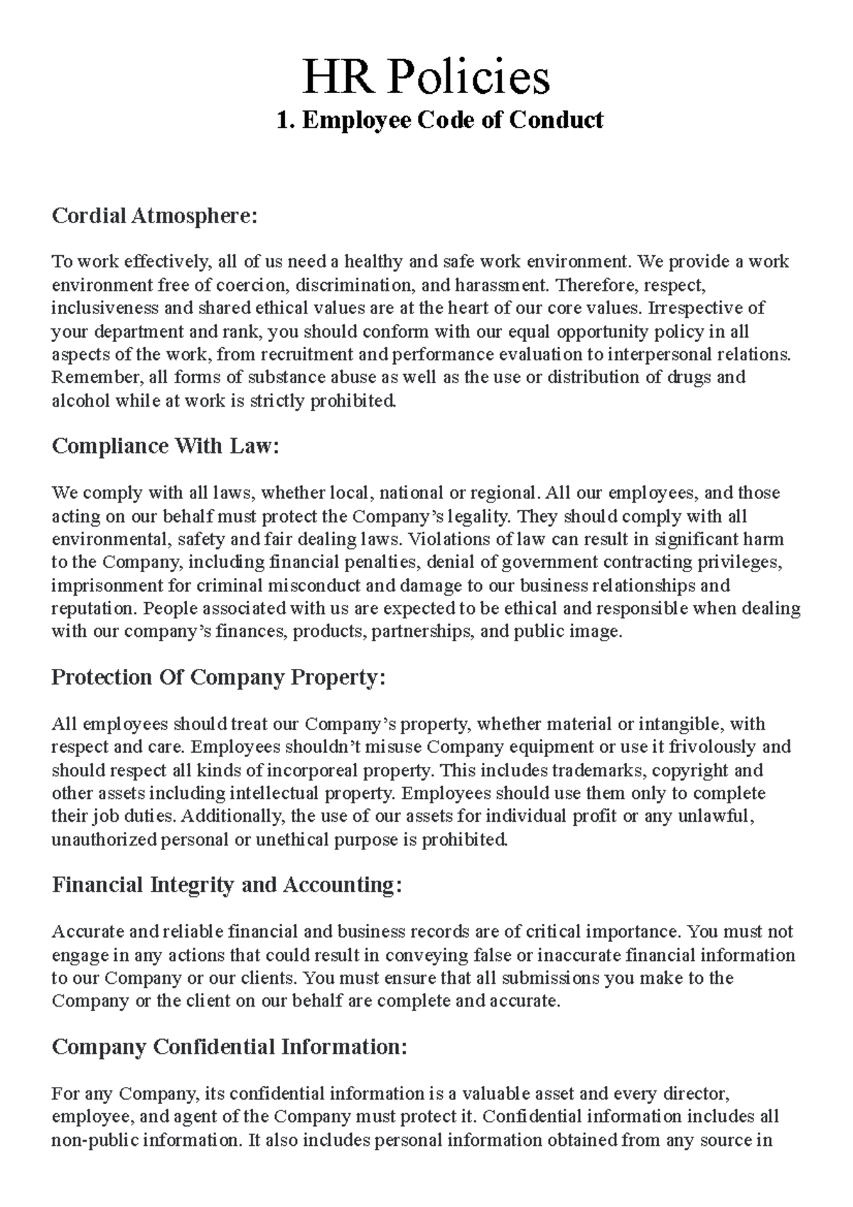 HR Policies - Employee Code of Conduct Cordial Atmosphere: To work ...