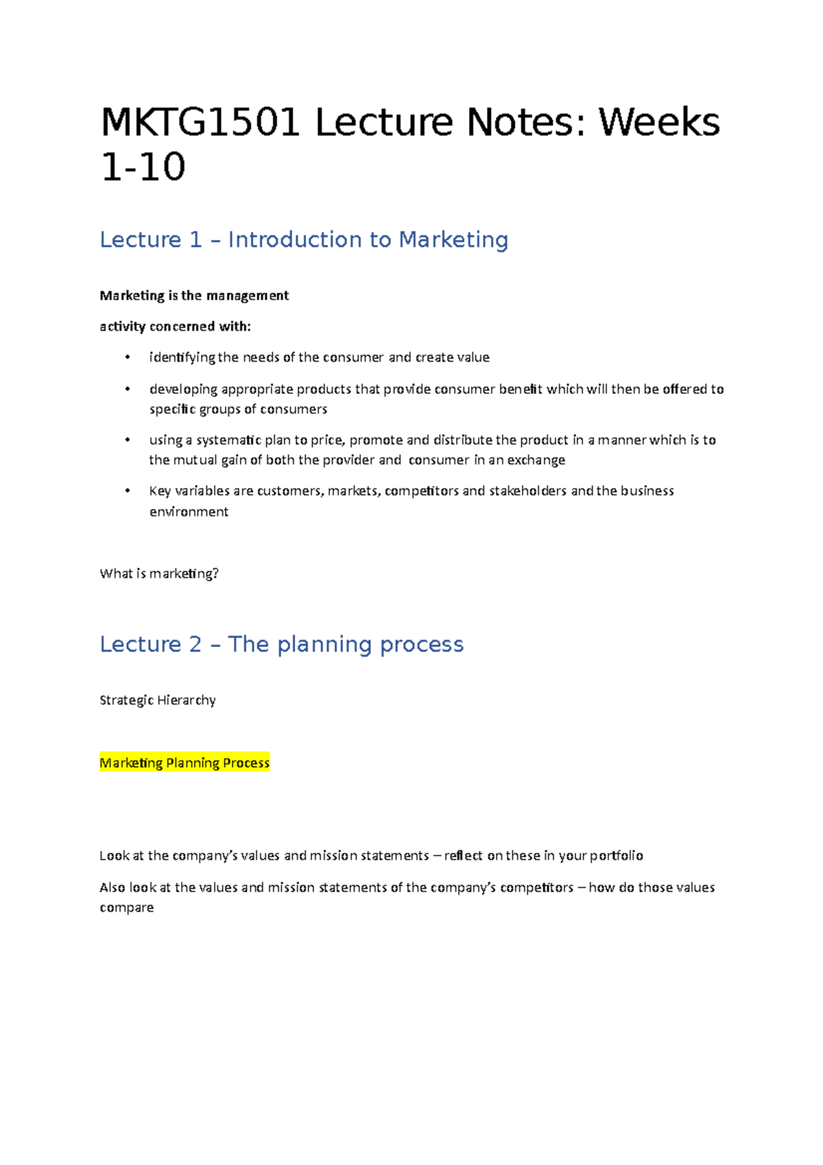 MKTG1501 Lecture Notes Week 1-10 - MKTG1501 Lecture Notes: Weeks 1-10 ...