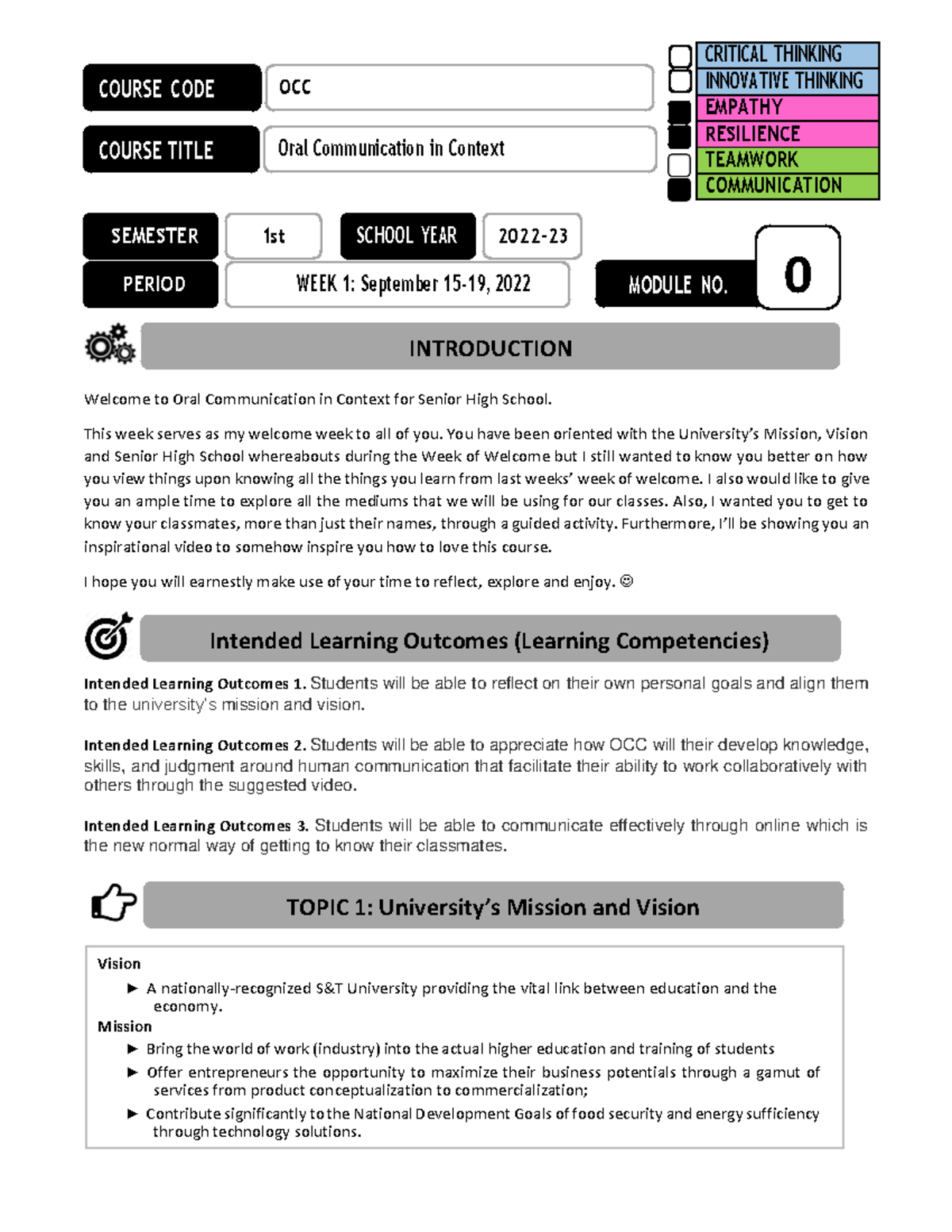 OCC Pre-Module - sbrsegewggww - CRITICAL THINKING INNOVATIVE THINKING EMPATHY RESILIENCE ...