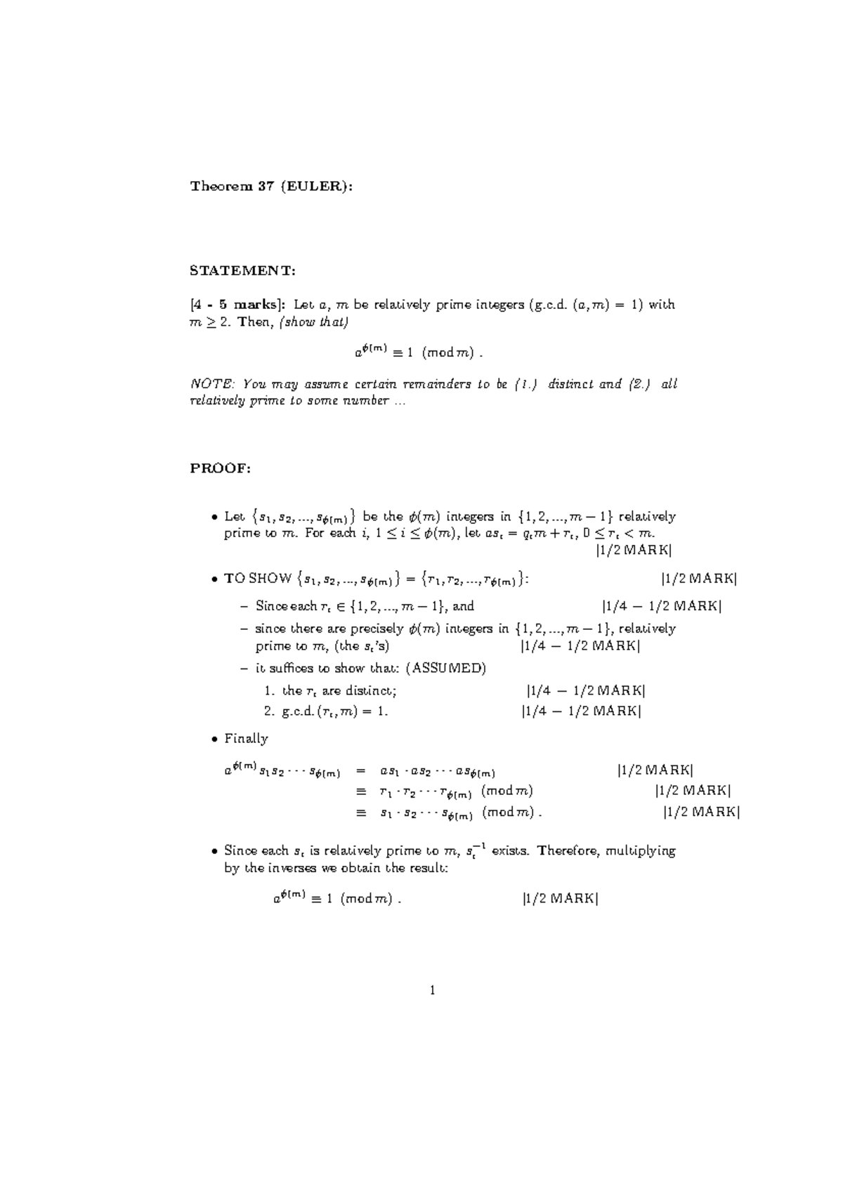 Euler - Help - Theorem 37 (EULER): STATEMENT: [4 - 5 marks]: Let a, m ...