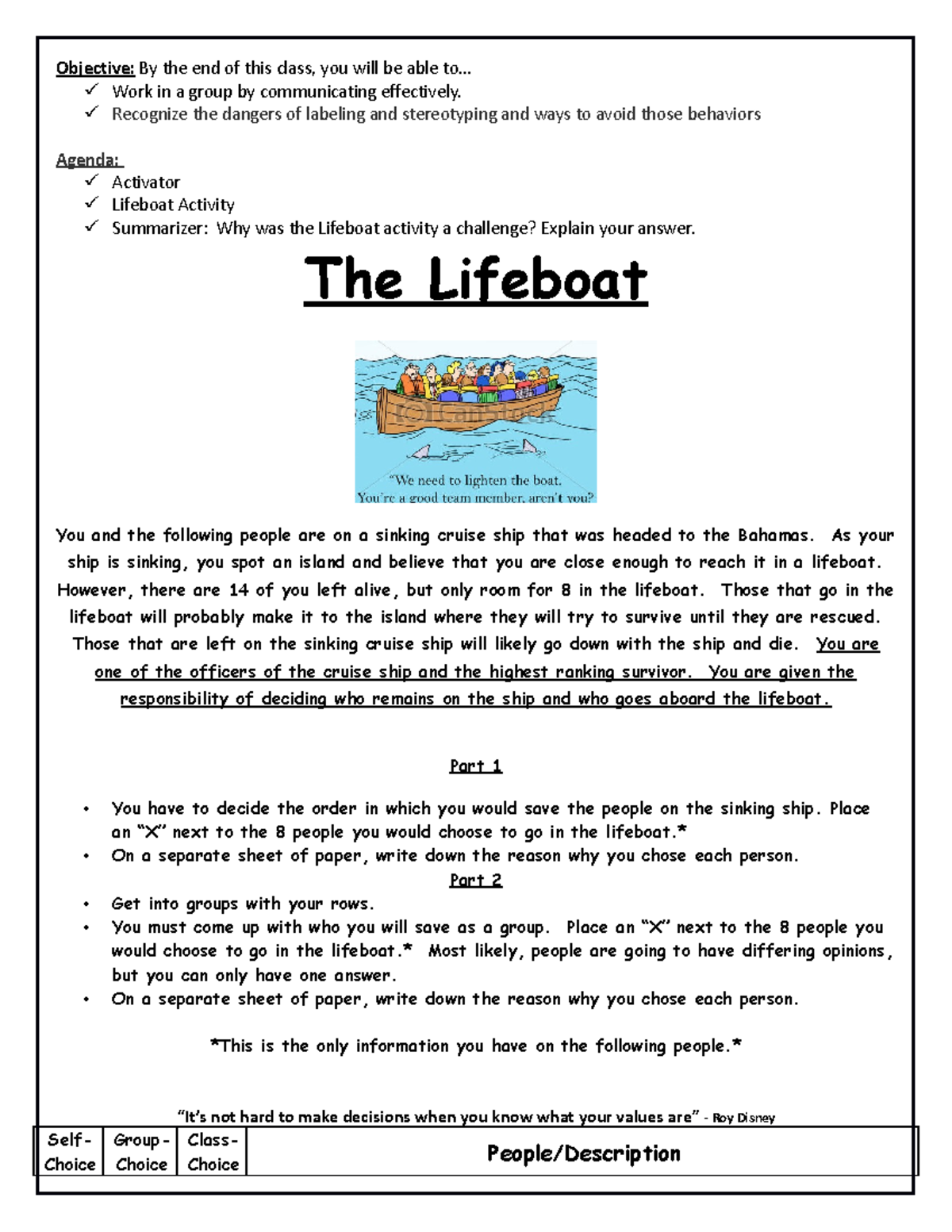 The Lifeboat Activity - asdsd - Objective: By the end of this class ...