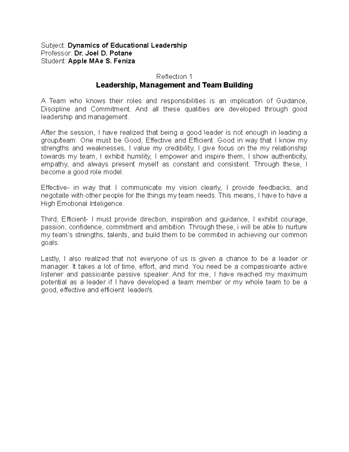 Reflection 1 - Subject: Dynamics of Educational Leadership Professor ...