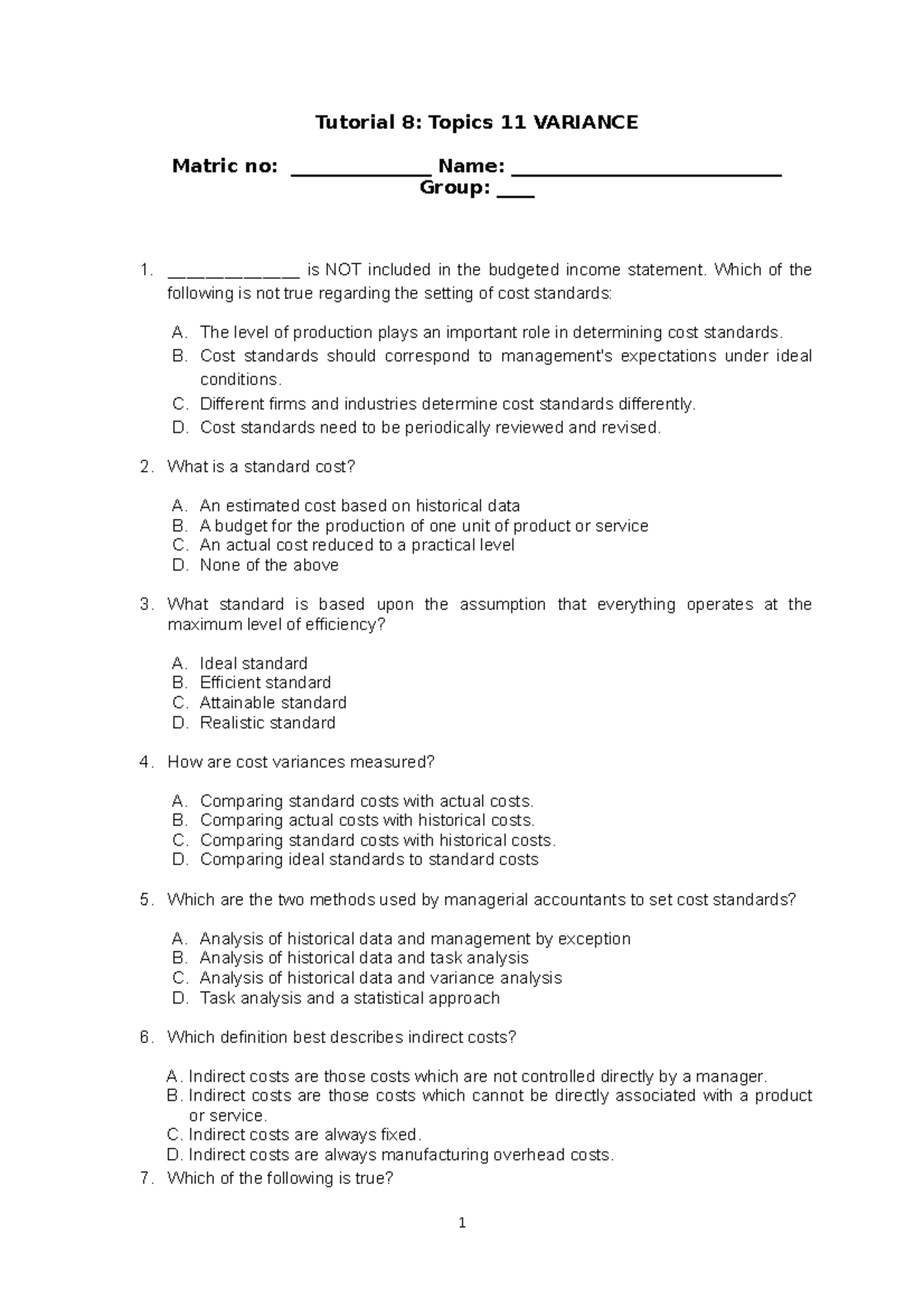 Tutorial 8 Variance- Questions - Tutorial 8 : Topics 11 VARIANCE Matric ...