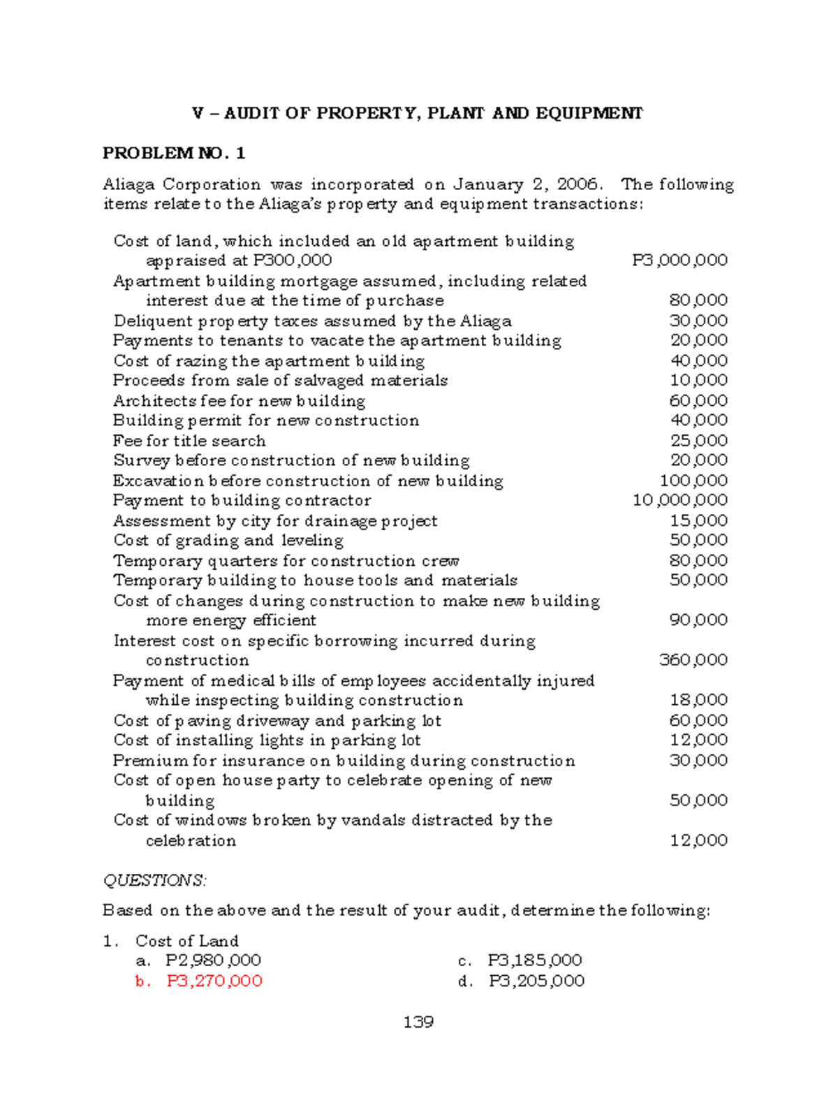 Audit of Property Plant and Equipment - V – AUDIT OF PROPERTY, PLANT AND EQUIPMENT PROBLEM NO. 1 ...