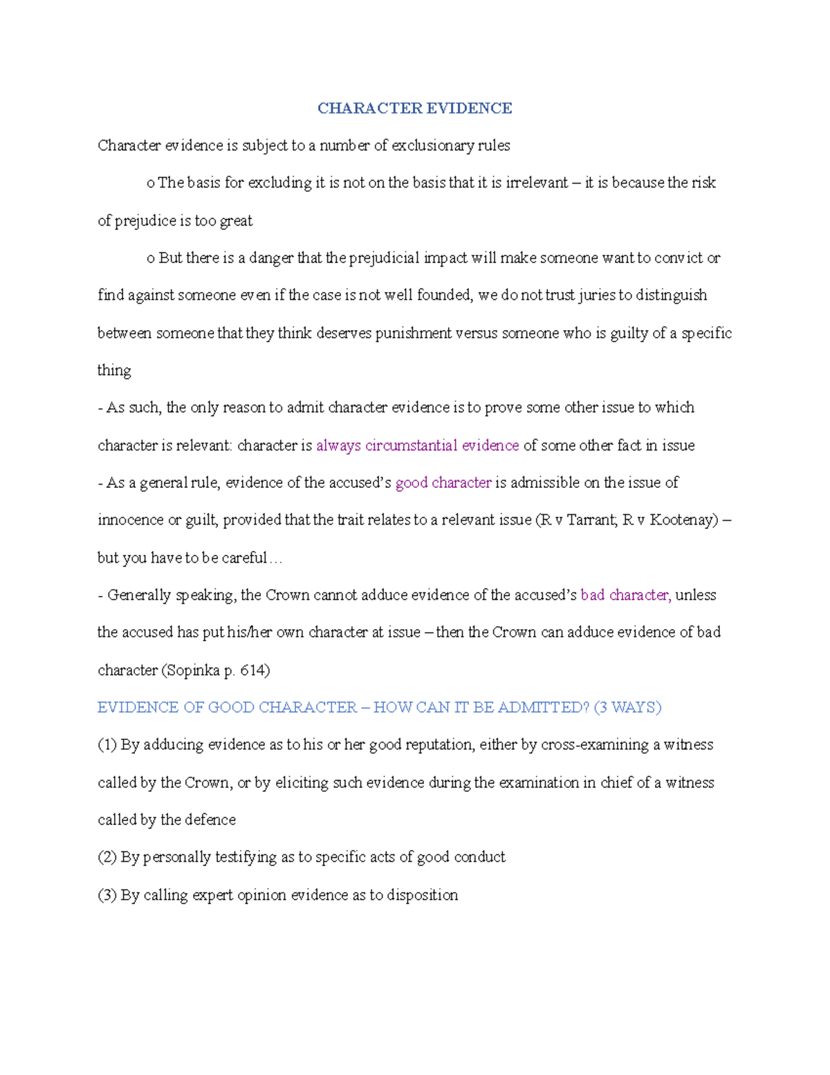 Character Evidence - Professor: Lorraine Takacs - CHARACTER EVIDENCE ...