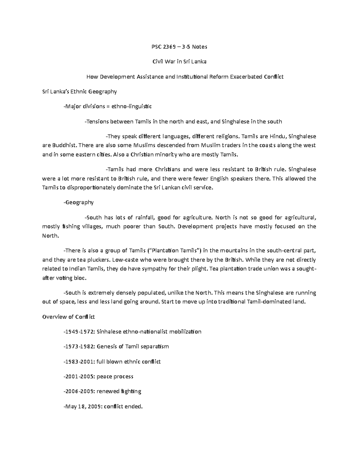 PSC 2369 3-5 Notes - PSC 2369 – 3-5 Notes Civil War in Sri Lanka How ...