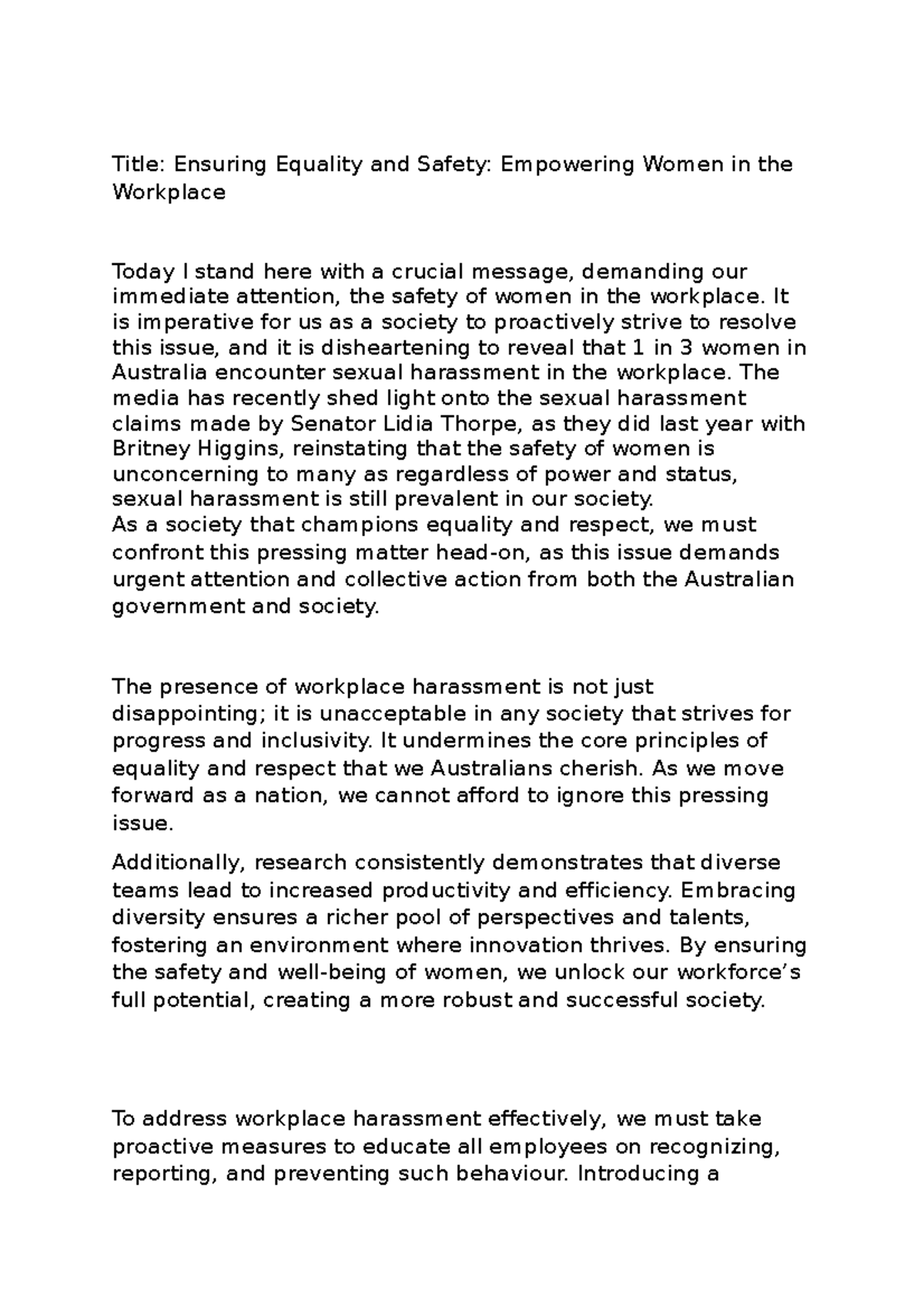 Persuasive Oral - Title: Ensuring Equality and Safety: Empowering Women ...