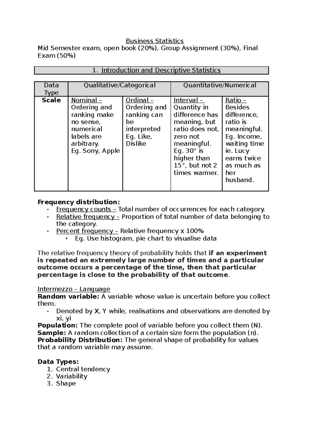 Business Statistics Notes - Business Statistics Mid Semester exam, open ...