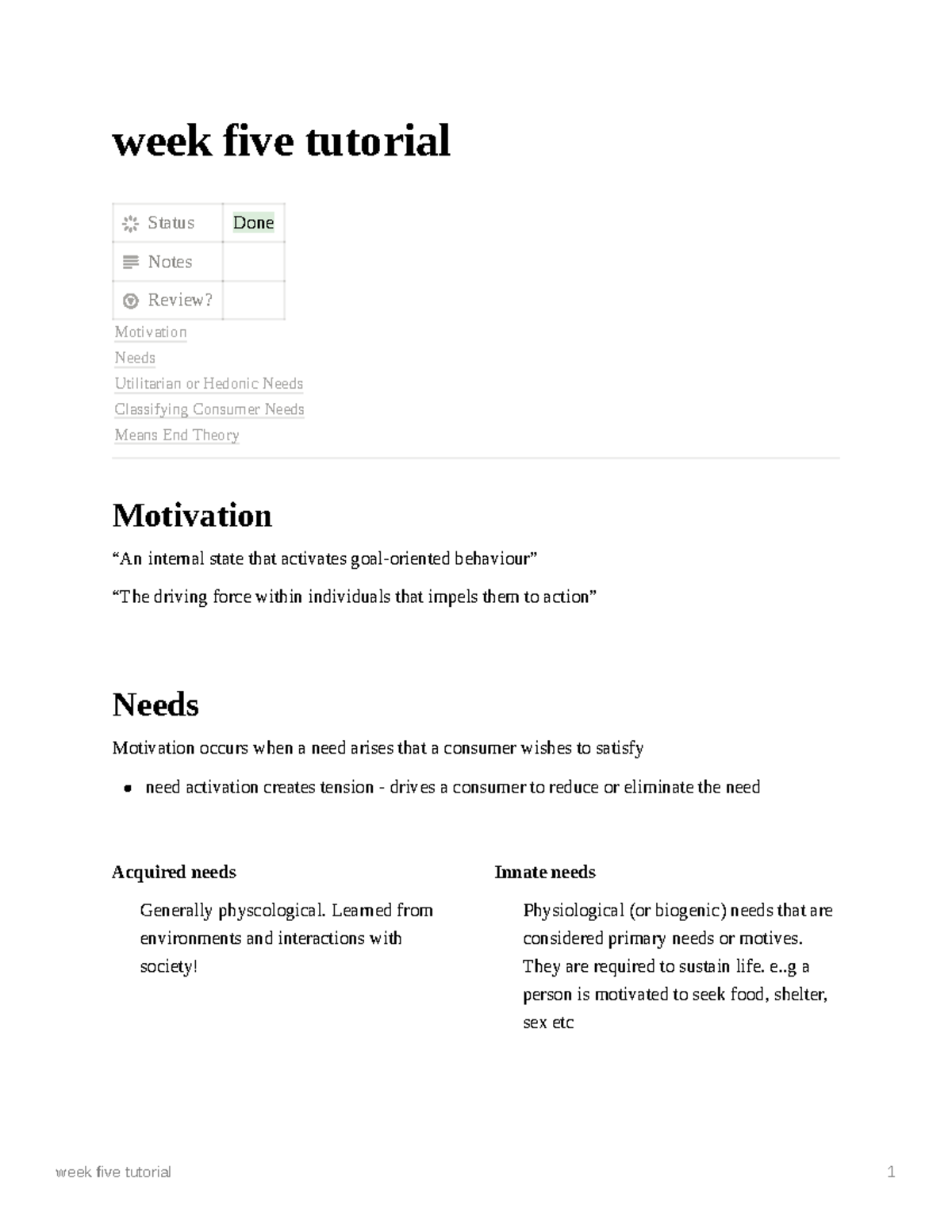 Week five tutorial notes - week five tutorial Status Done Notes Review ...