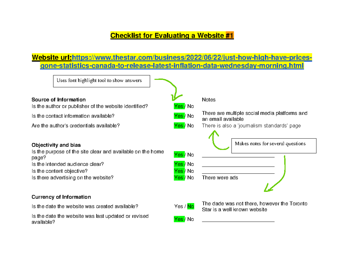 U1A6 - Evaluating a Source 1 - Checklist for Evaluating a Website ...
