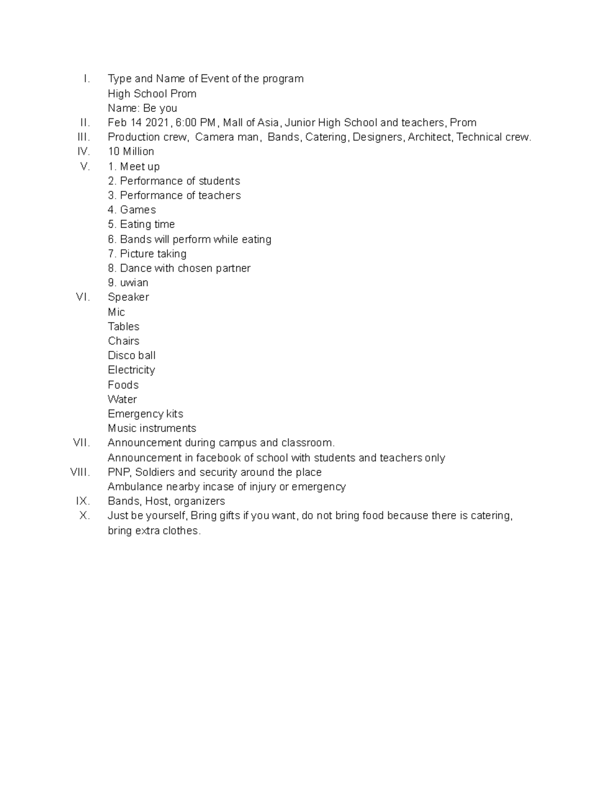 Highschool prom plan - GOGOG - I. Type and Name of Event of the program ...