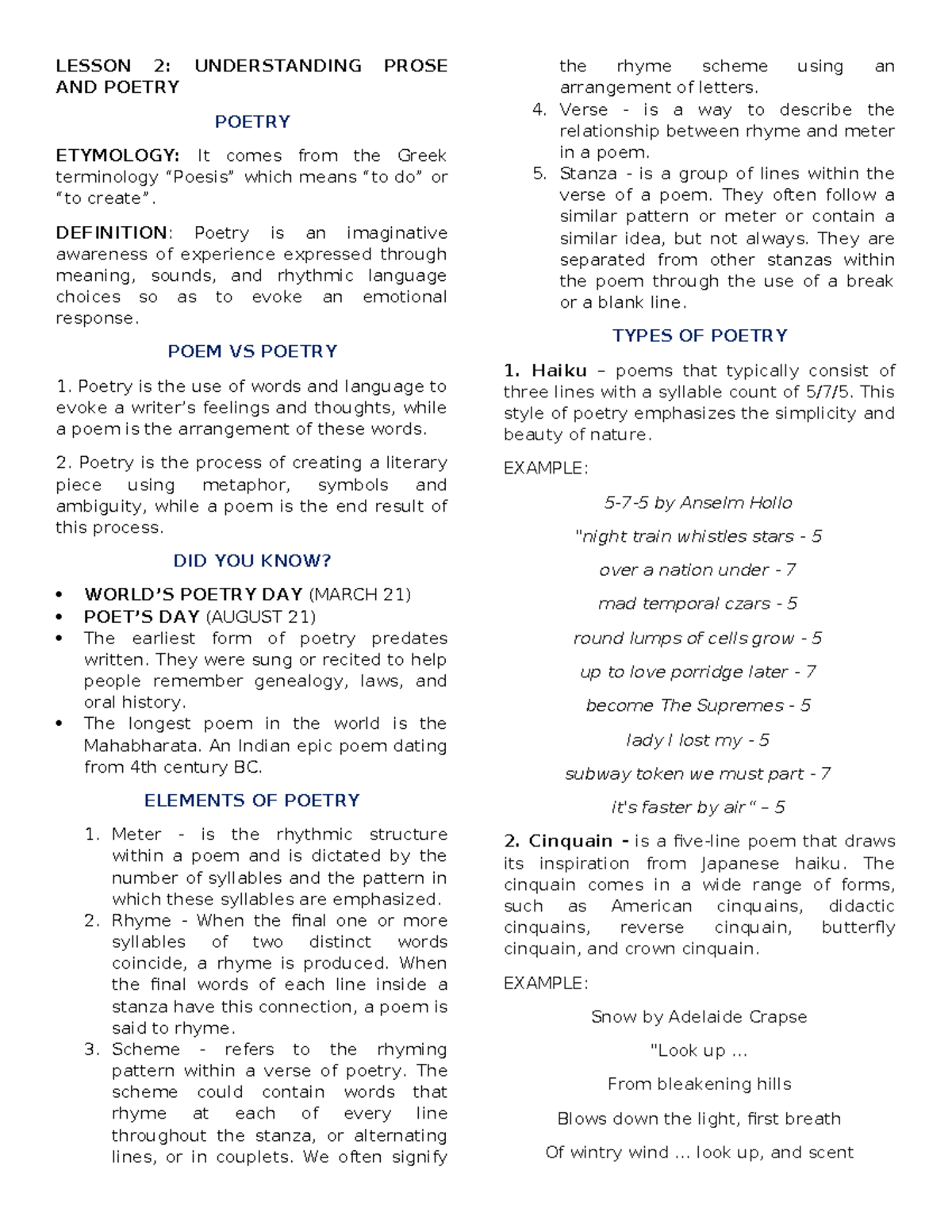 Lesson 2. Literature - Aaaaa - LESSON 2: UNDERSTANDING PROSE AND POETRY ...