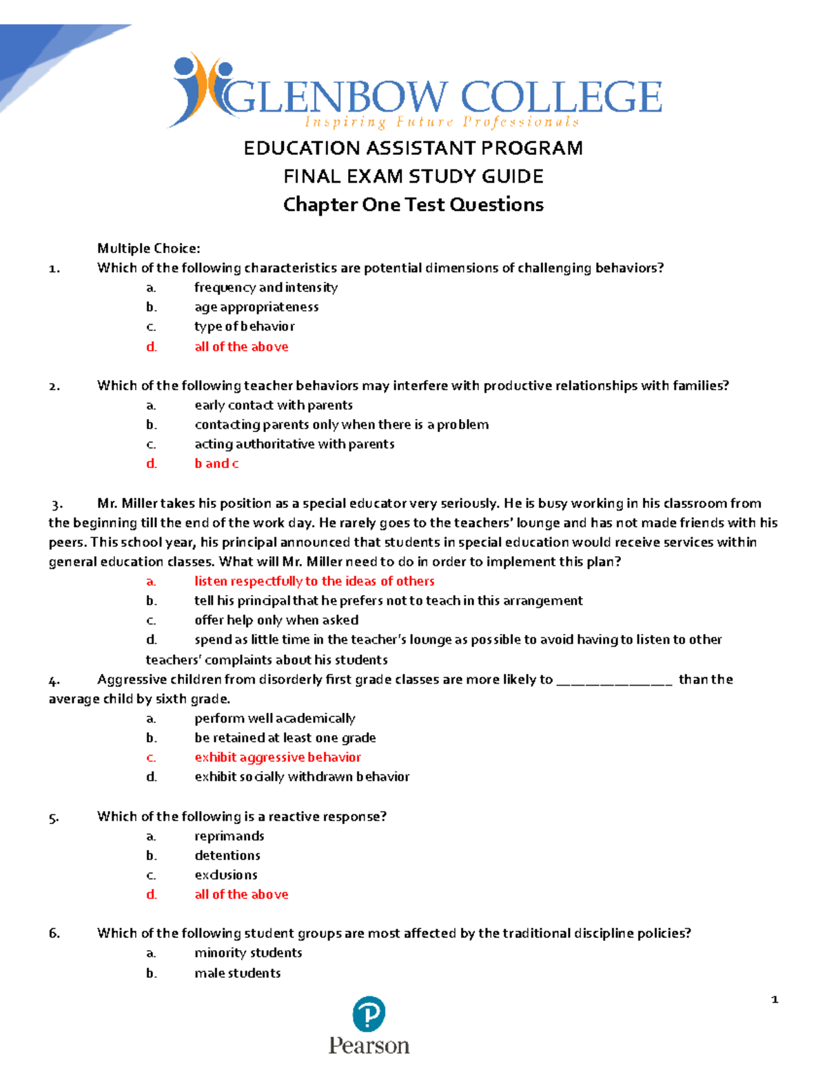 Chapter One Test Questions - EDUCATION ASSISTANT PROGRAM FINAL EXAM ...