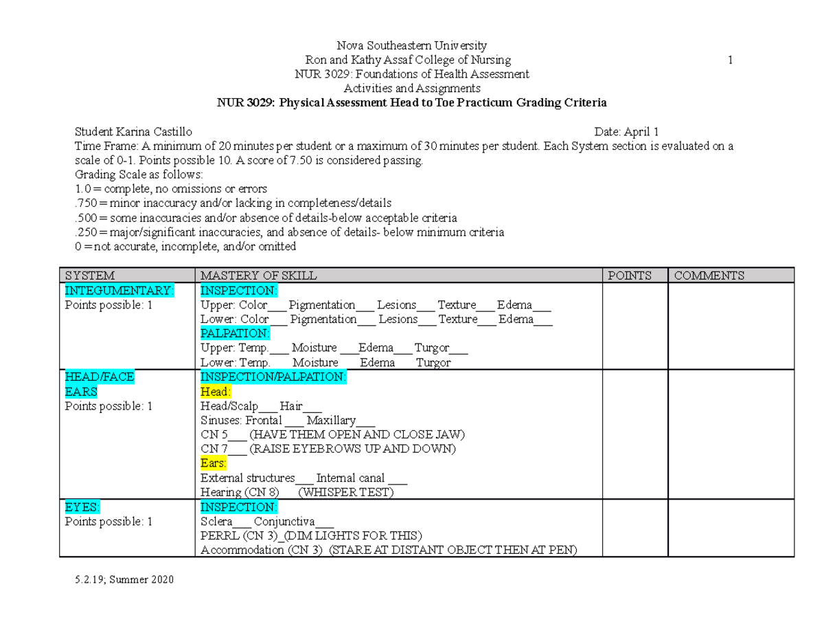 Head-to-Toe Practicum Checklist - Ron and Kathy Assaf College of ...